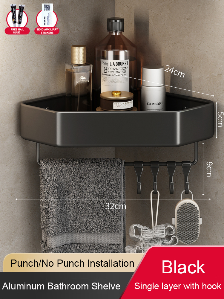 Bathroom shelf no drill corner space aluminum storage rack wall mounted ...