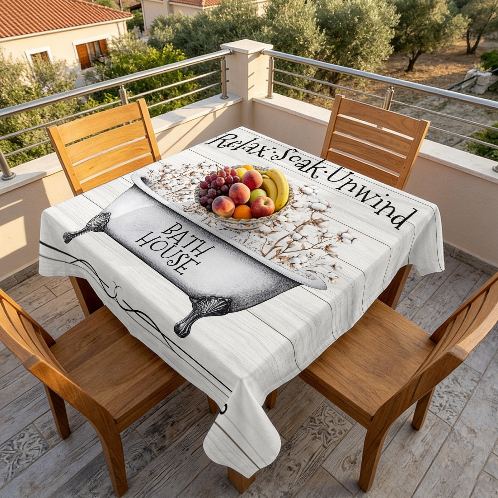 Bathtub Cotton on Wood Grain Table Cloth 60x60in, Waterproof Square ...