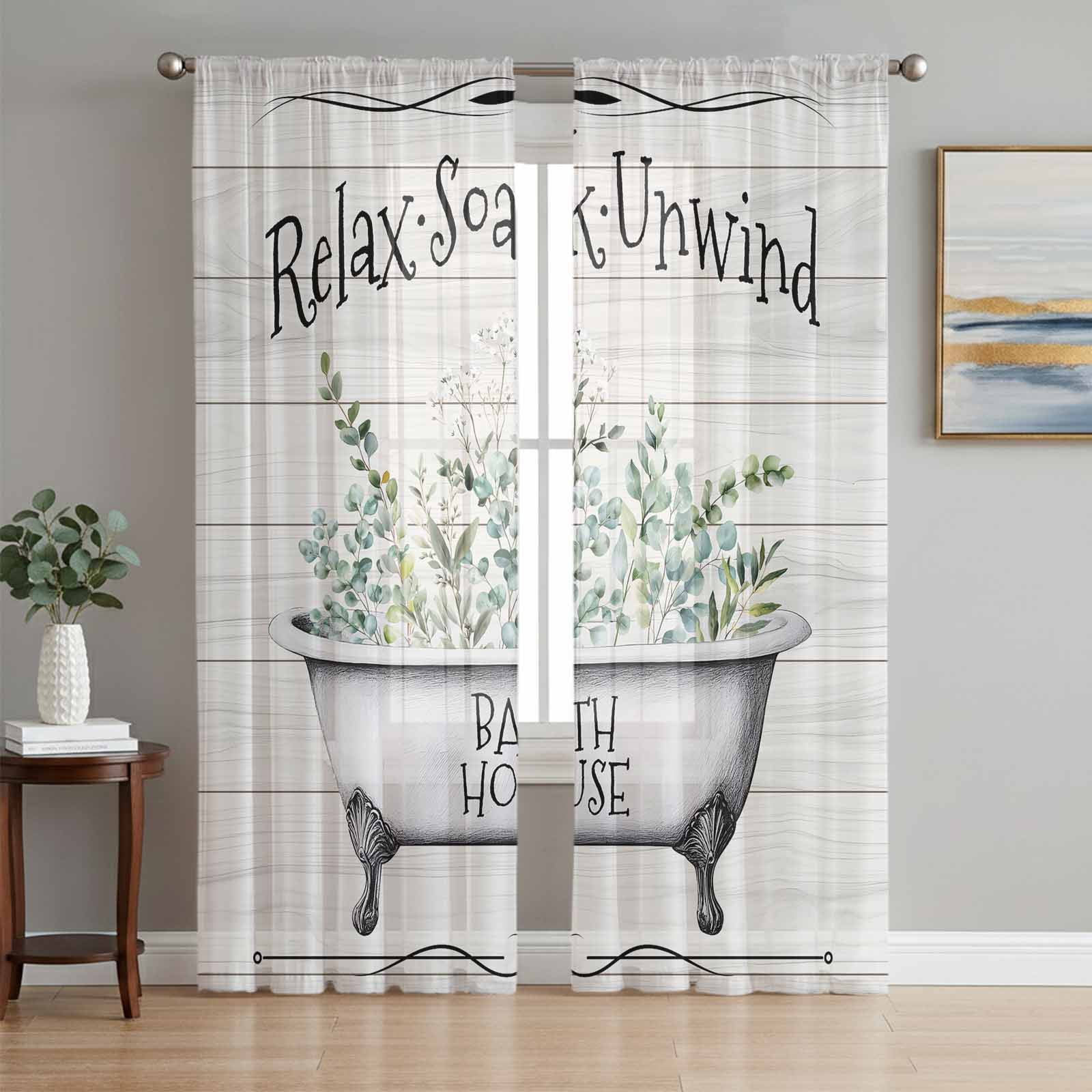 Bathtub Eucalyptus Leaves Sheer Curtains 63 Inches Length 2 Panels Set ...