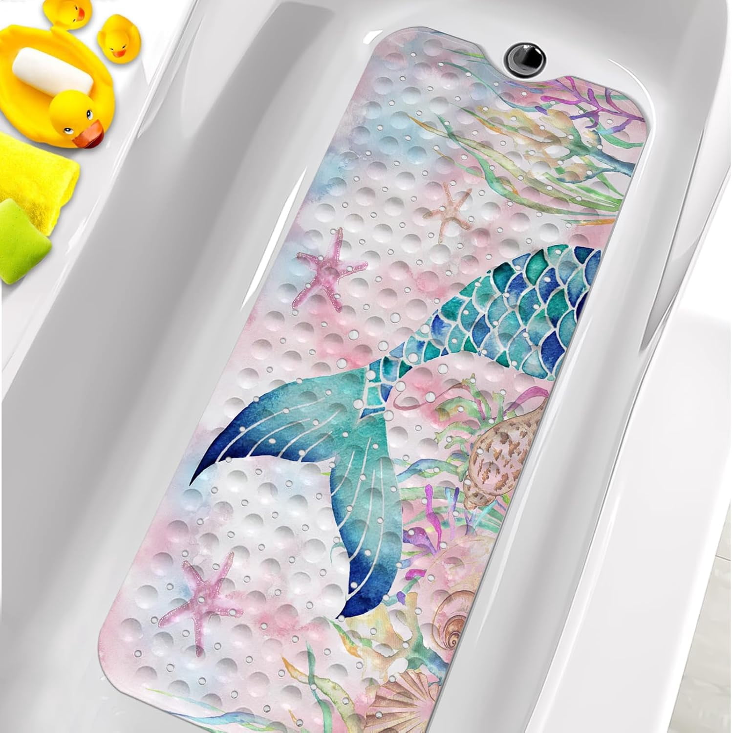 Bathtub Mats for Kids, Pink Mermaid Bath Mat for Tub Non Slip, 40 X 16 ...