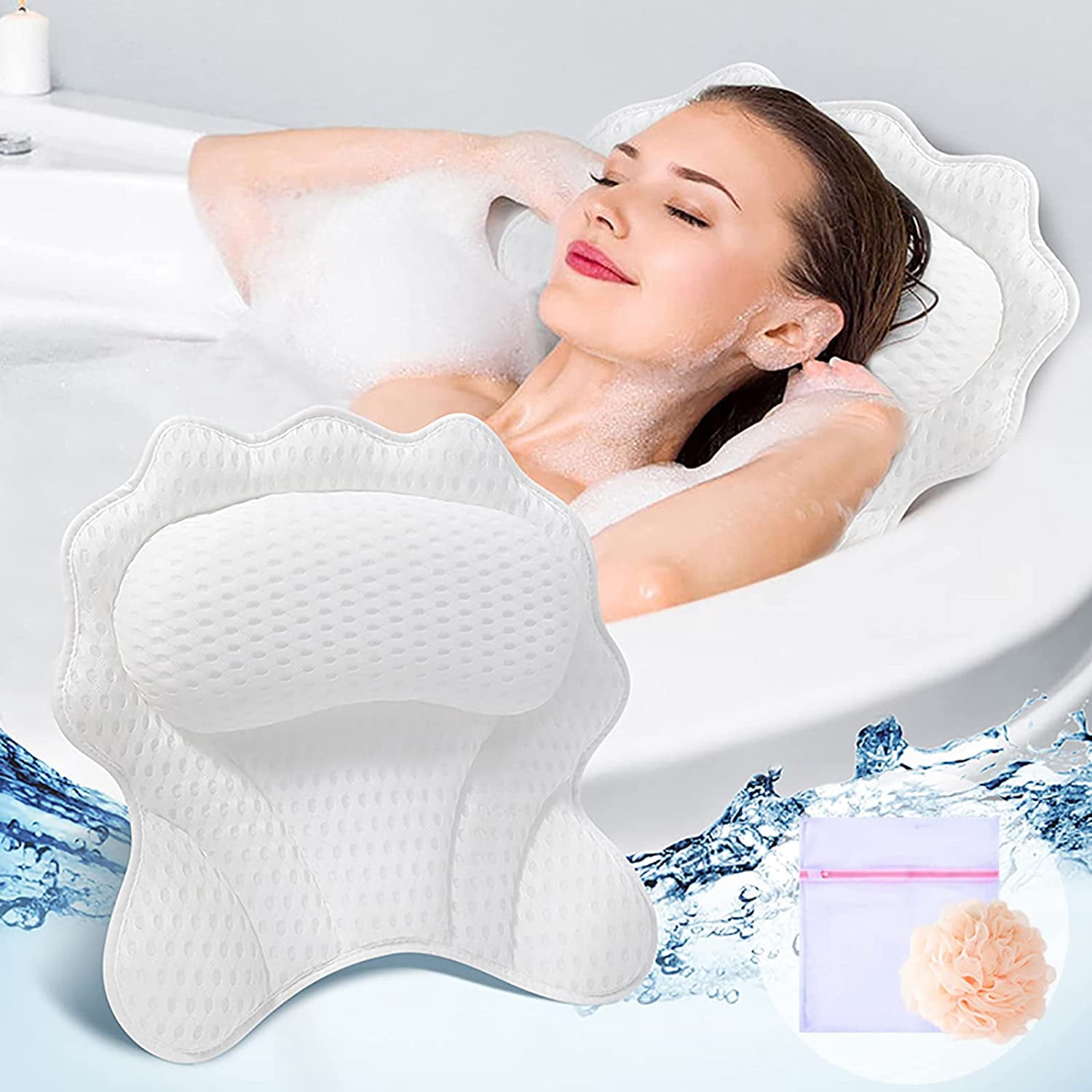Bathtub Pillow with 4D Air Mesh Thick Soft, Bath Pillows for Tub Neck and Back Support, Hot Tub ...