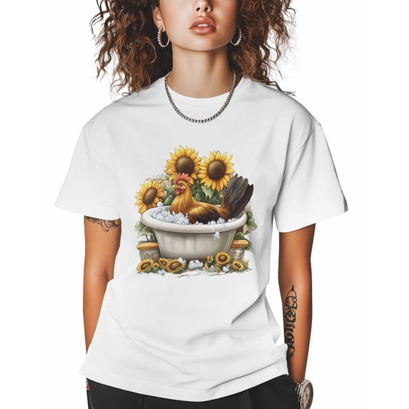 Bathtub Rooster T Shirts for Women Short Sleeve Cotton Crewneck T-Shirt ...