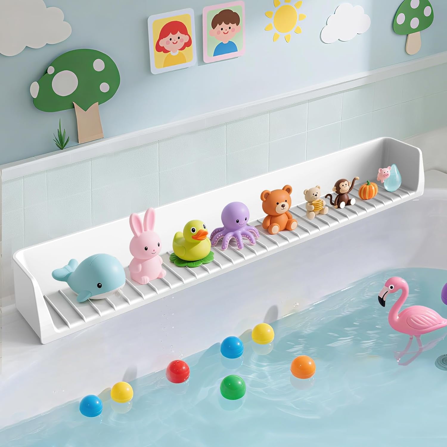 Bathtub Splash Guard Shelf Area with Strong Suction Cups, Toy Tray ...