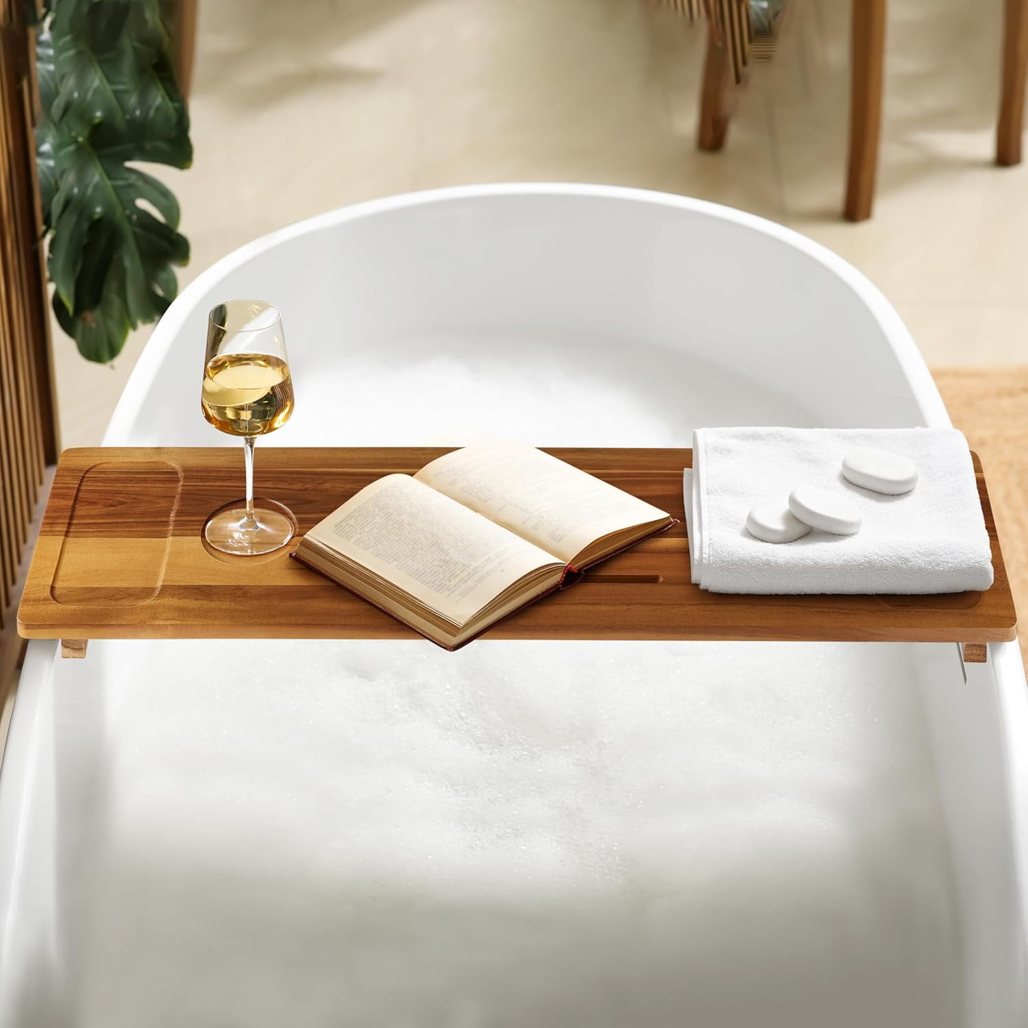 Bathtub Tray, 34.6''x9'' Wooden Bathtub Tray with Adjustable Legs, Fits All Bathtubs, Anti-Tip ...