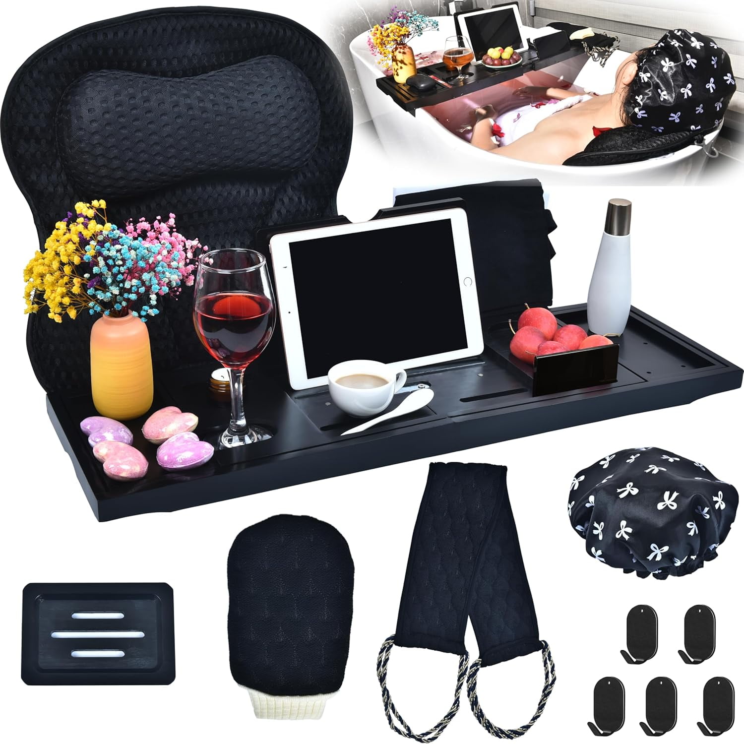 Bathtub Trays and Tub Pillow for Bathtub, Expandable Folding Bath Tray ...