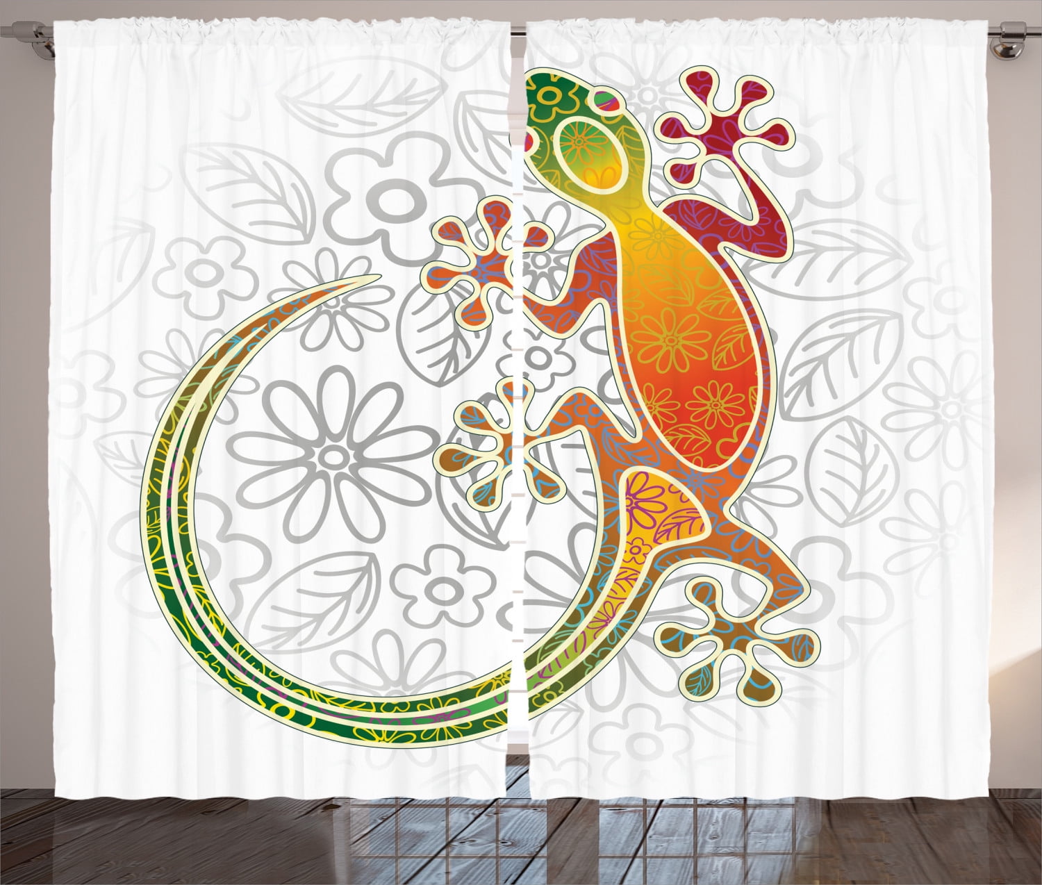 Ambesonne Batik Curtains 2 Panel Set, Art Frog Flowers, 108" x 90 ...