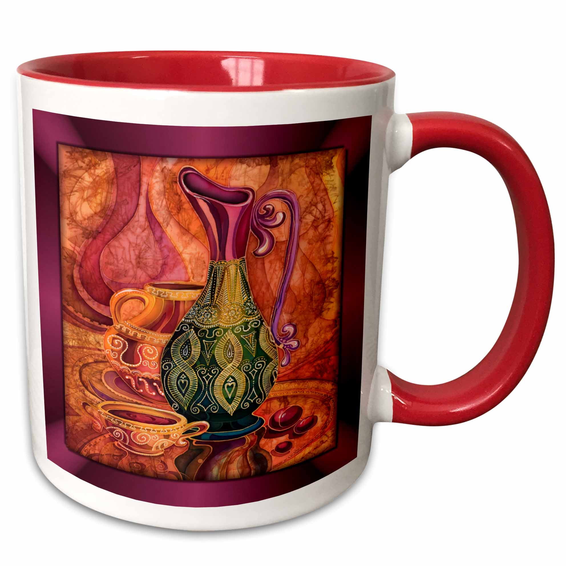 3drose, Batik Decorated Jugs and Vessels, 15oz Two-tone Red Mug ...