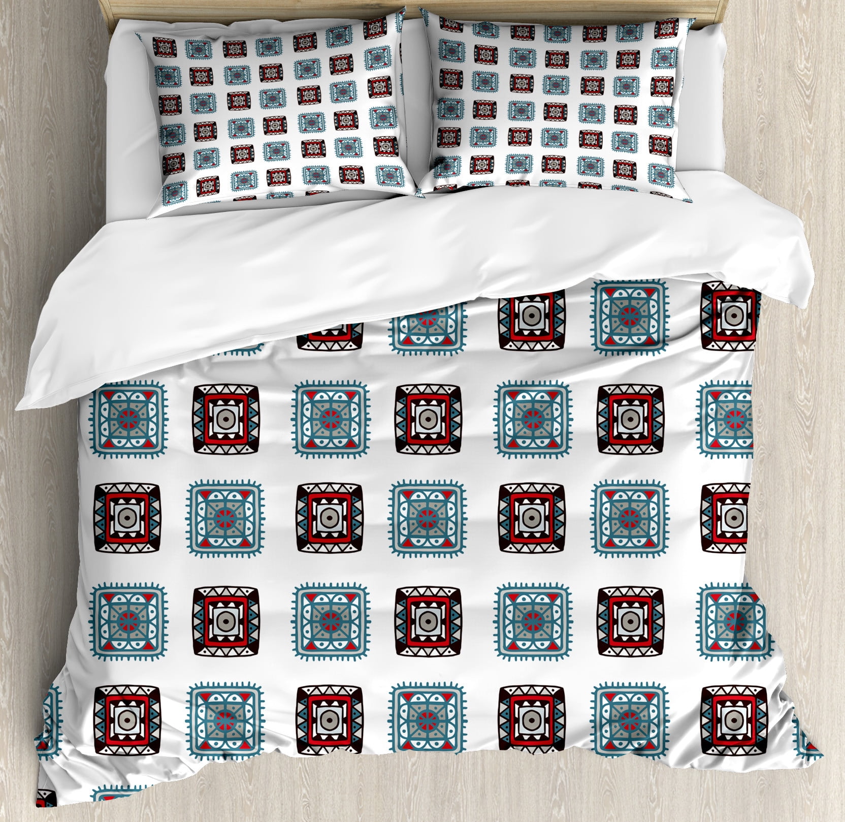 Batik Duvet Cover Set, Geometric Square Shaped Lines Forms with Detail ...