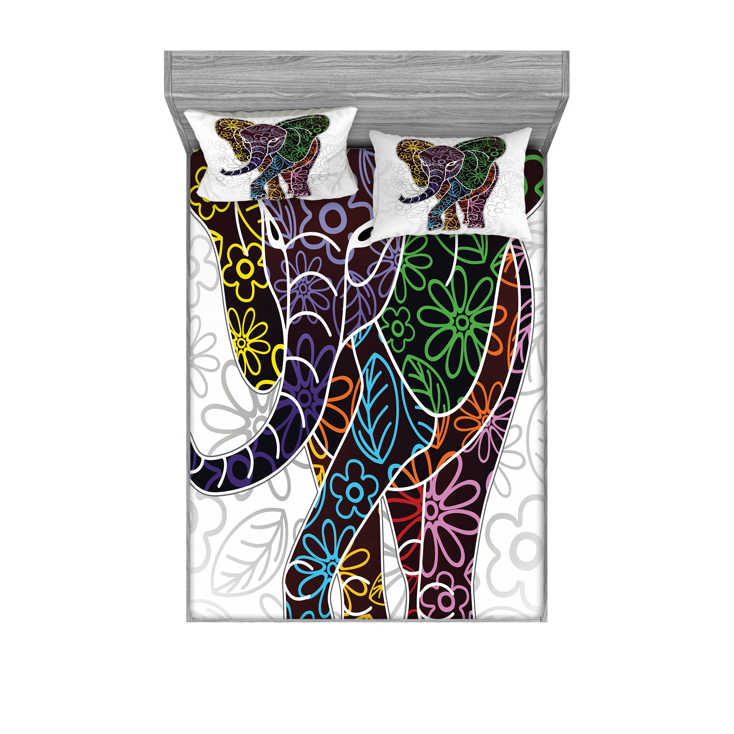 Batik Fitted Sheet & Pillow Sham Set, Digital Big with Floral Lines and ...