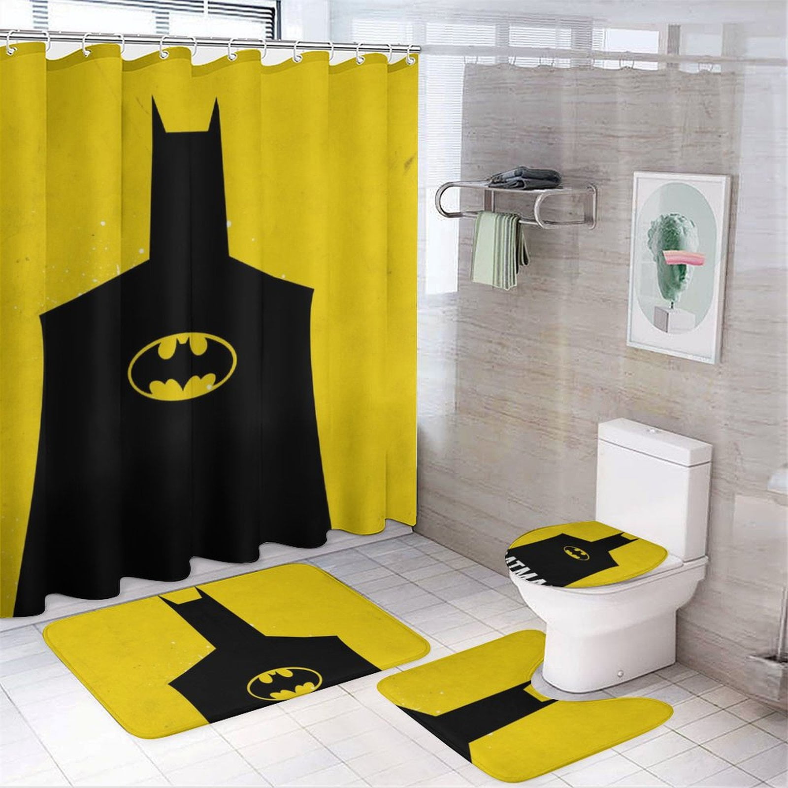 Batman 4 Piece Shower Curtain Set with Toilet Lid Cover, Non-slip Rugs ...