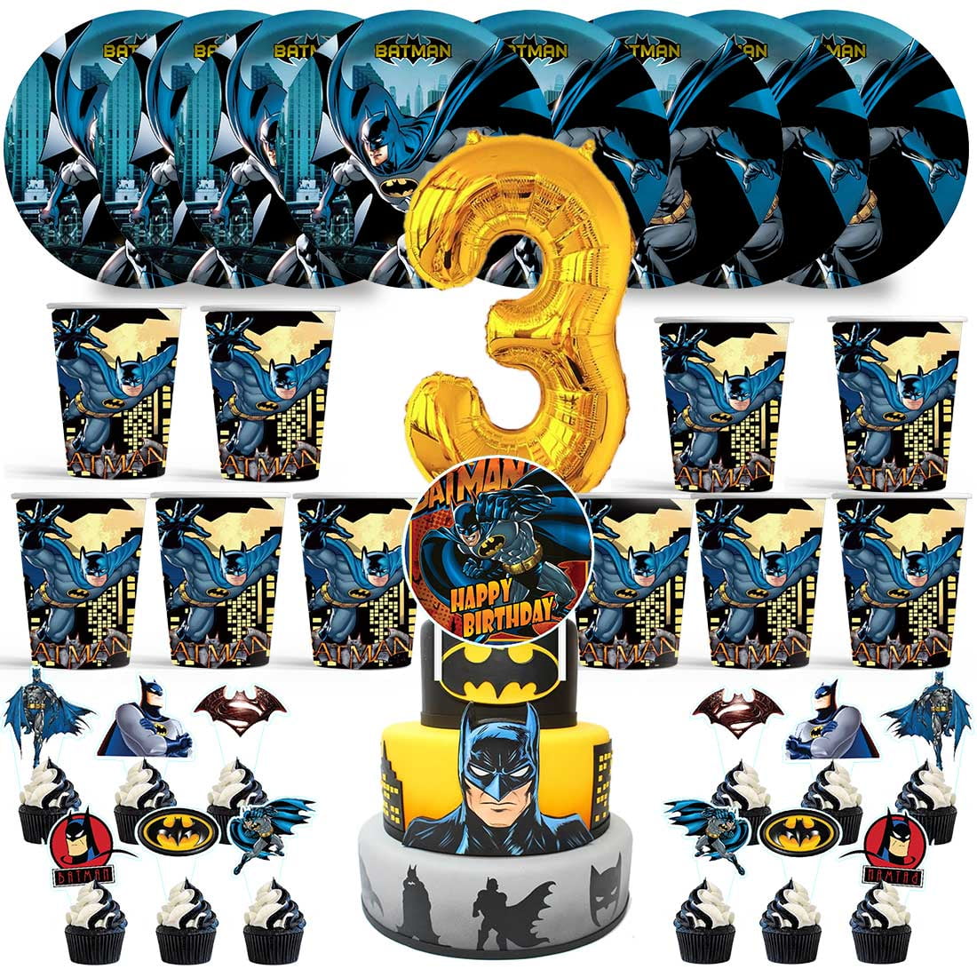 Batman Birthday 3rd Cups Party Supplies Plates Fans Decorations Cake ...