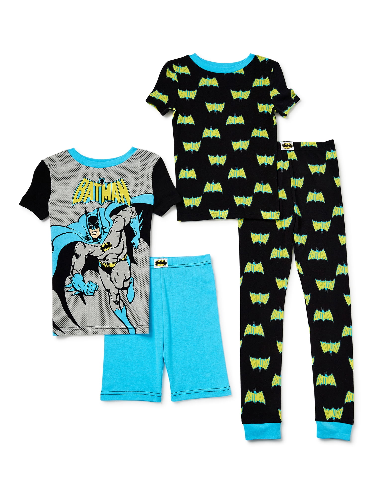 Batman Boys' Cotton Short Sleeve Top, Long Pants and Shorts, 4-Piece PJ ...