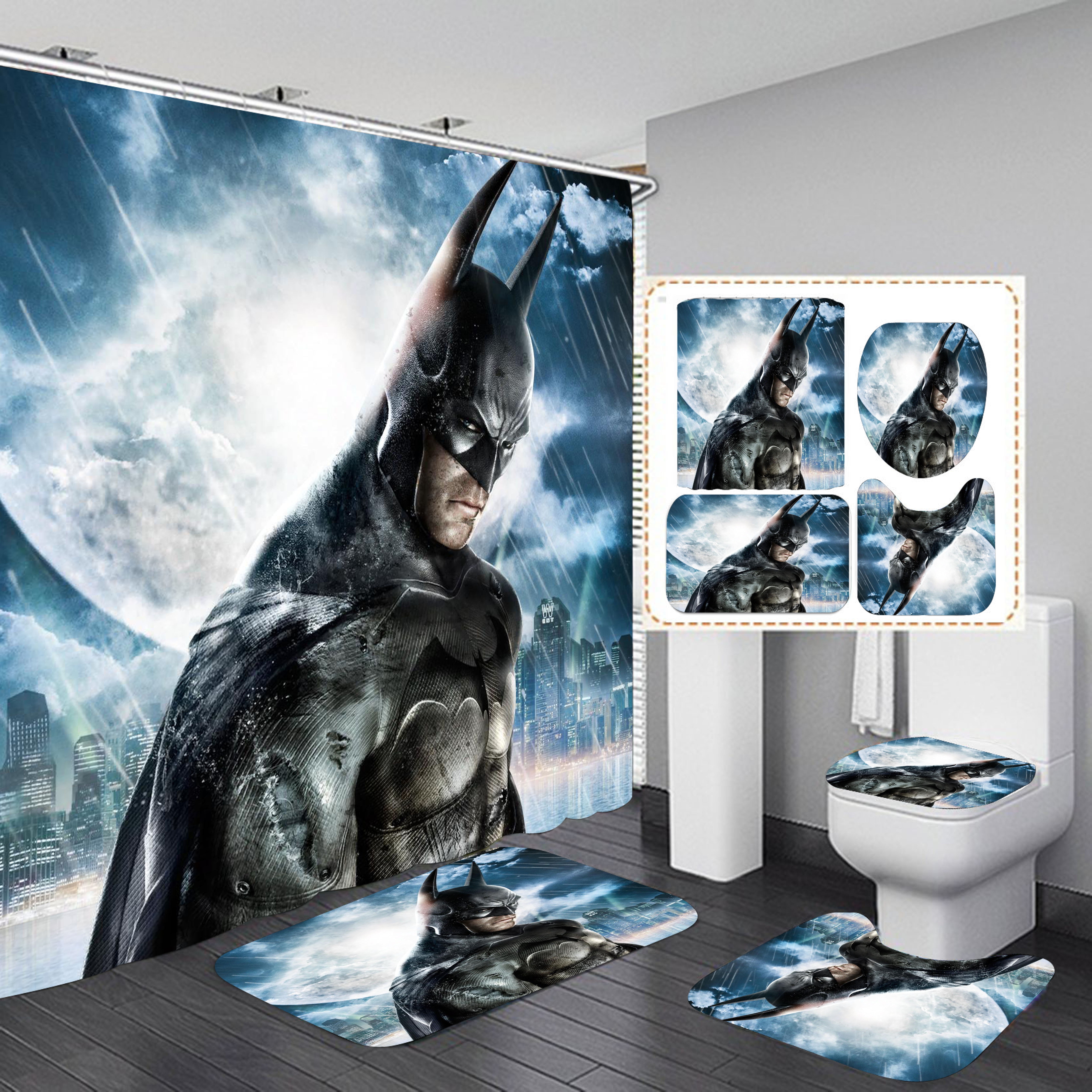 Batman Shower Curtain Bathroom 4 Pieces Set Toilet Lid Cover and Bath ...