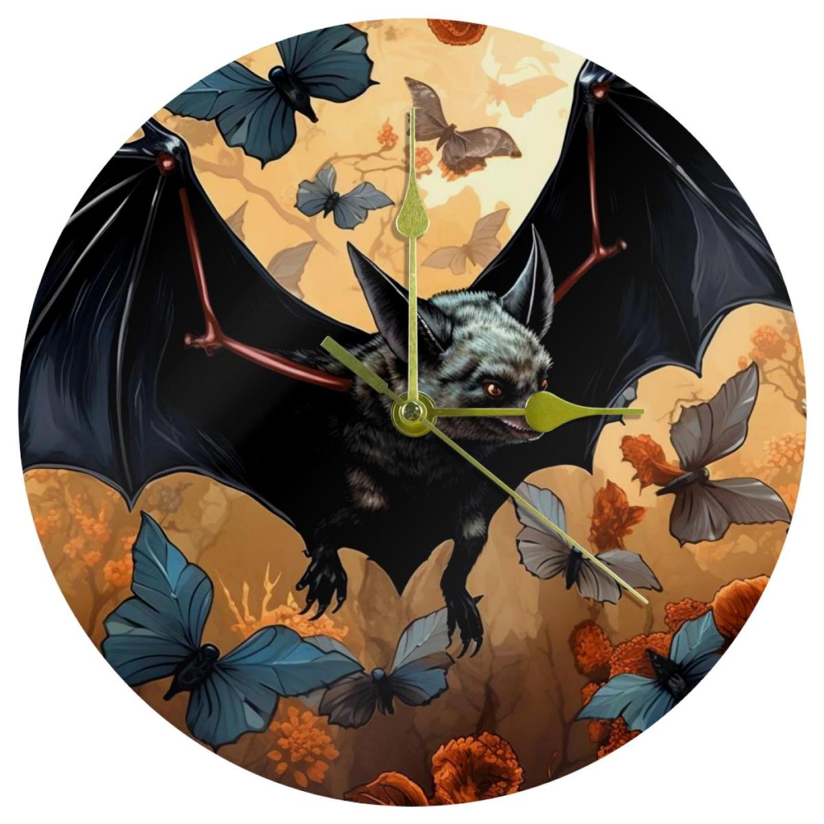 Bats 9.8 Inches Round Acrylic Wall Clock, Silent Non Ticking Battery ...