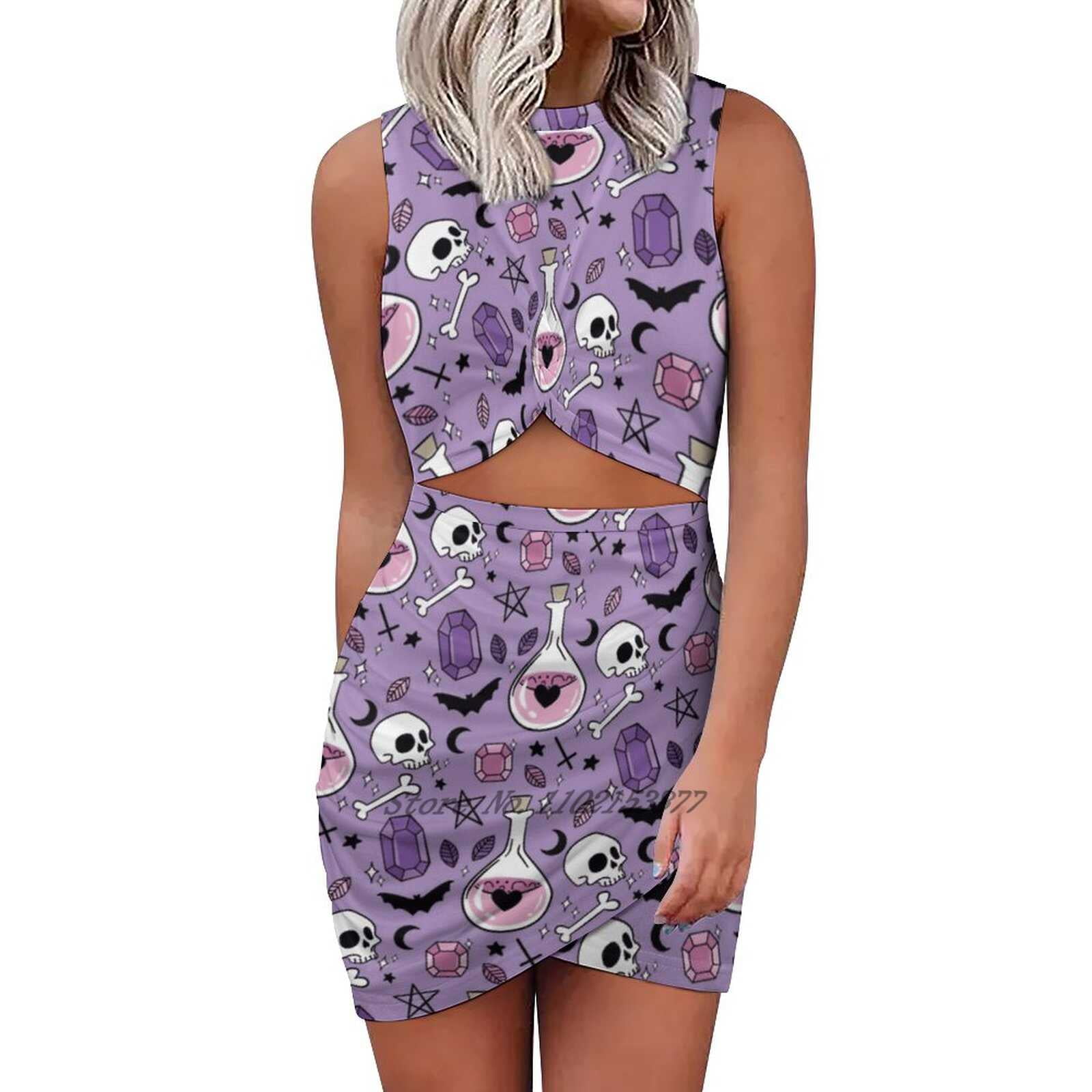 Bats Bottles & Bones Pattern Loose Pocket Dress Print Short Sleeve ...