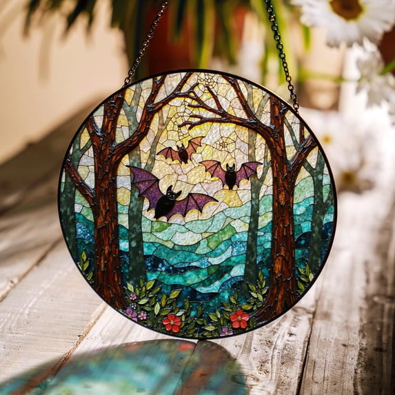 Bats Flying Forest Stained Glass Suncatcher, Spooky Halloween Window ...