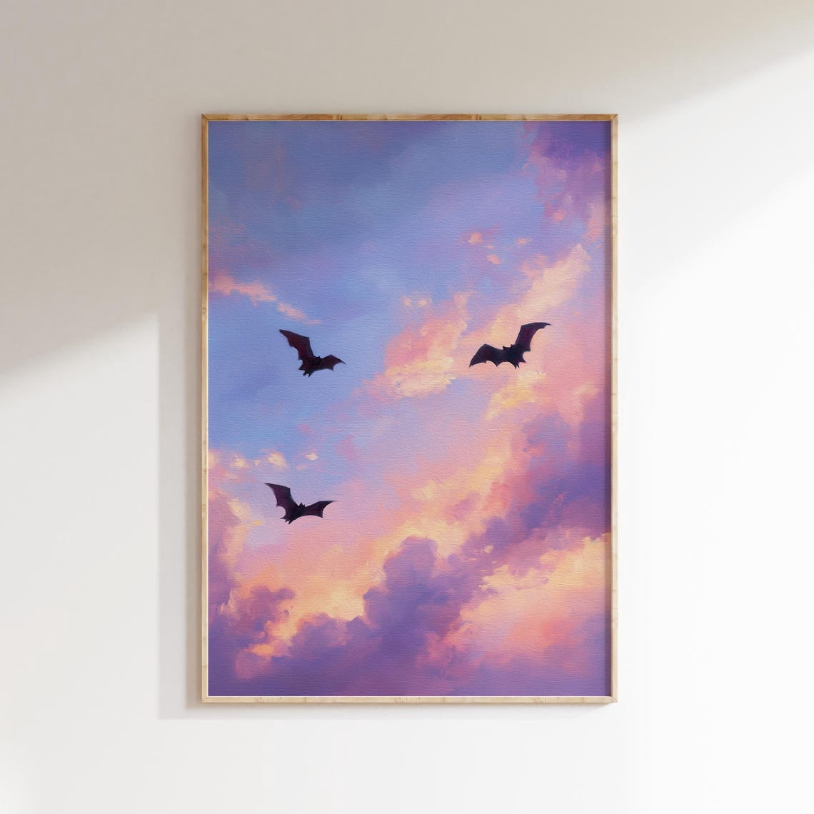 Bats Flying In The Pastel Sky Painting Pink Print Pinkoween Decor Pink ...