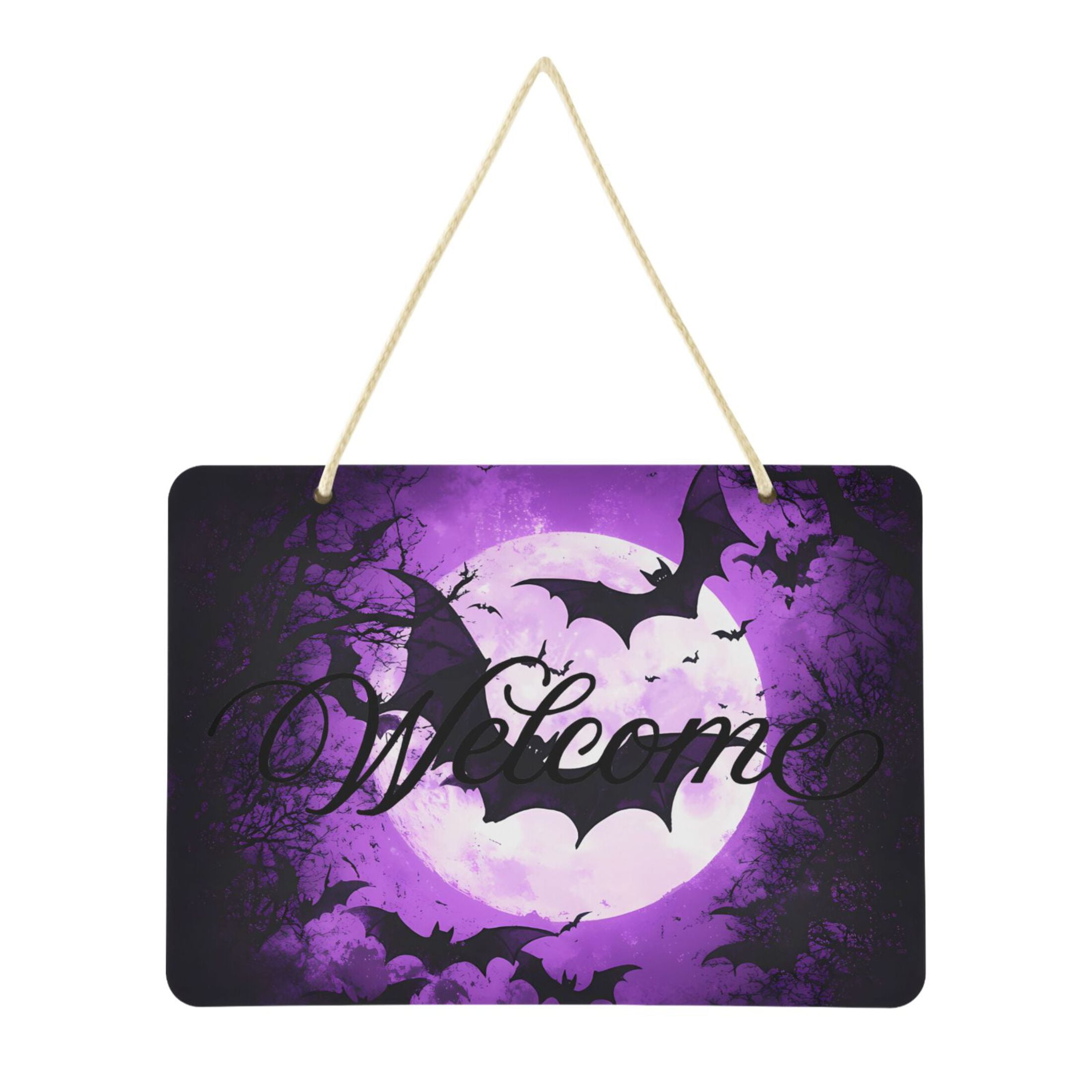 Bats Flying under Purple Moon Welcome Sign Front Door PVC 14x10 inch ...