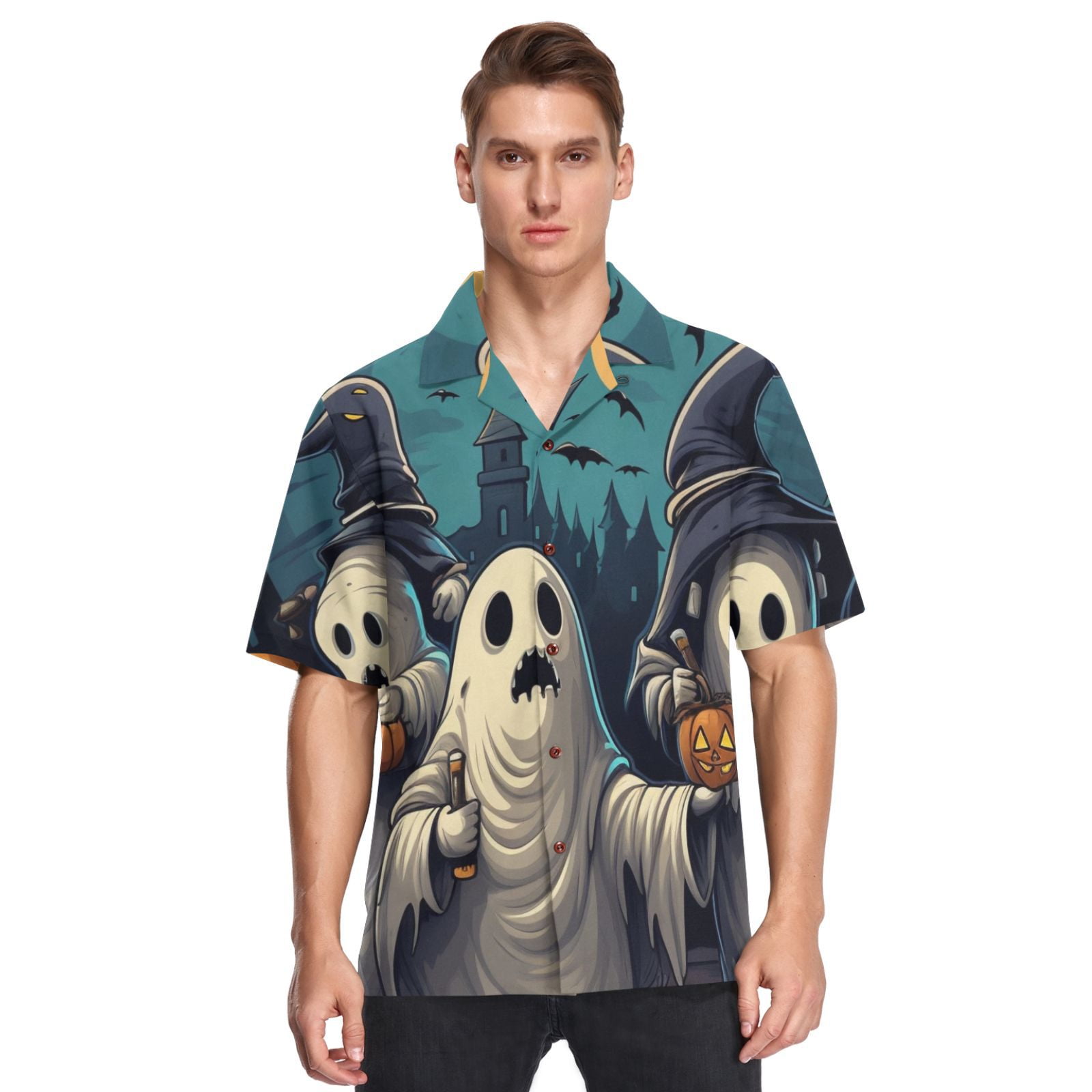 Bats Halloween Ghosts Pumpkins Men's Hawaiian Wrinkle Free Button Down Short Sleeve Shirt Casual ...
