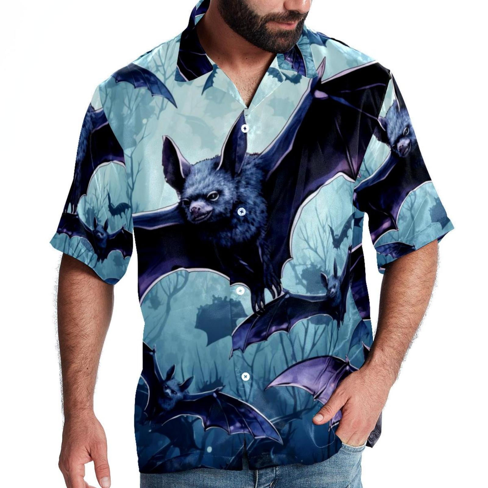Bats Men's Casual Printed Hawaiian Poplin Button Down Short Sleeve ...