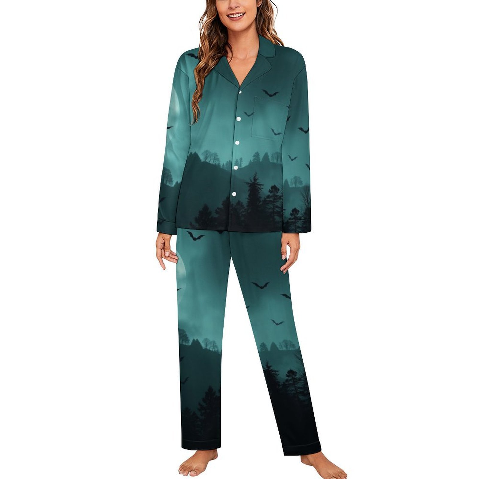 Bats Moon Forest Pajamas Night V Neck Nightwear Lady Two Piece Long ...