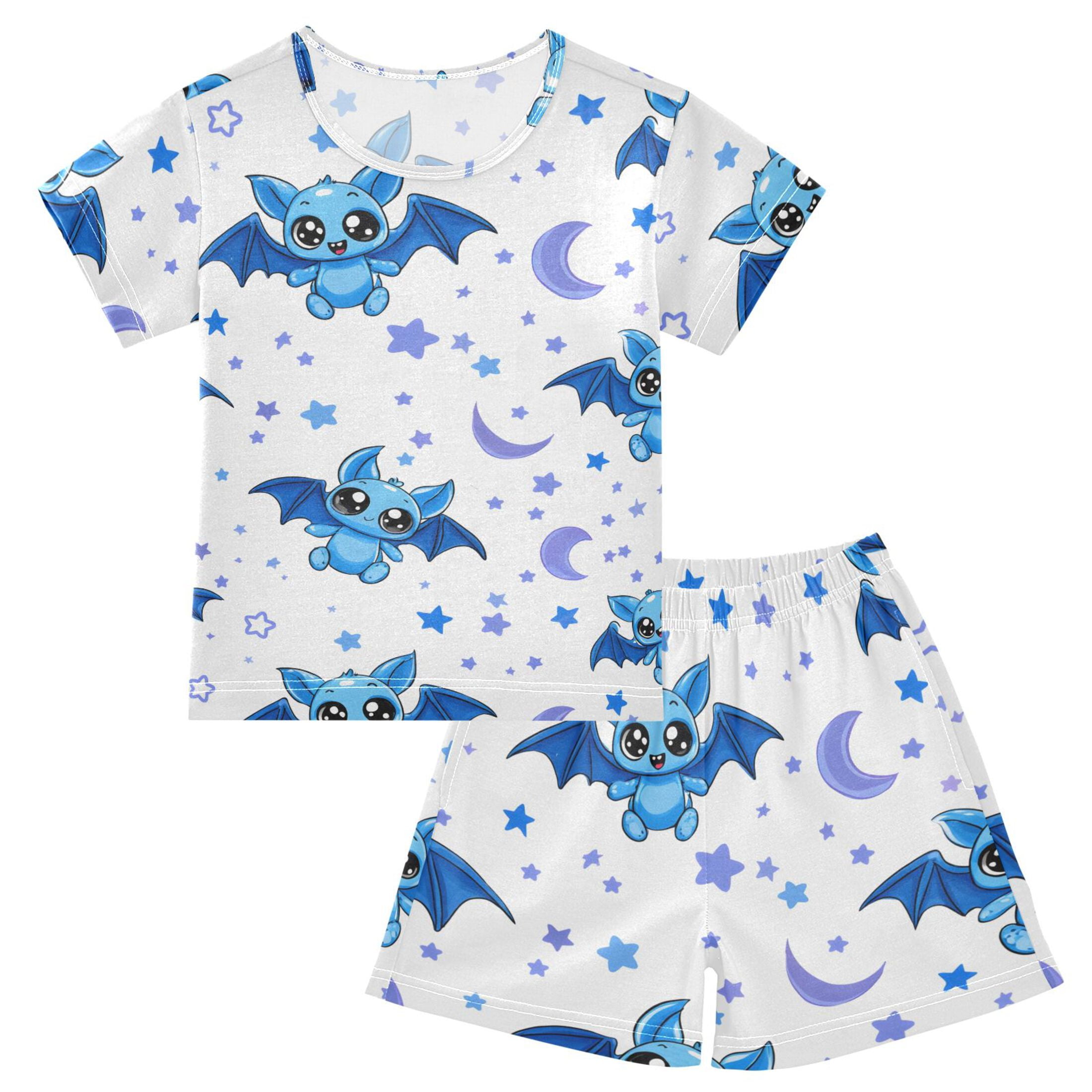 Bats Moons Pattern Summer Pajama Set Soft Cotton Short Sleeve Sleepwear ...