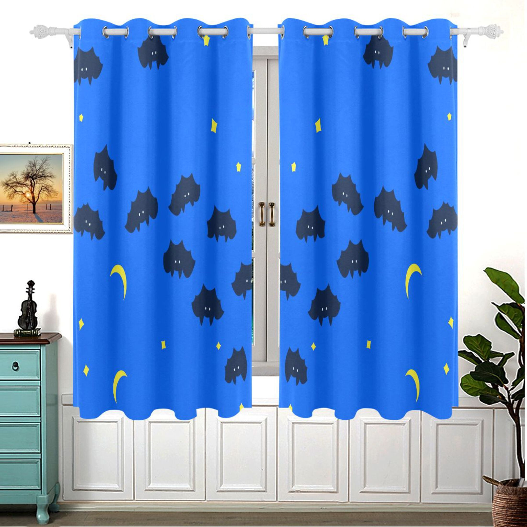 Bats Moons and Stars 63x55in Window Curtain Panels 63x55in 2-Piece ...