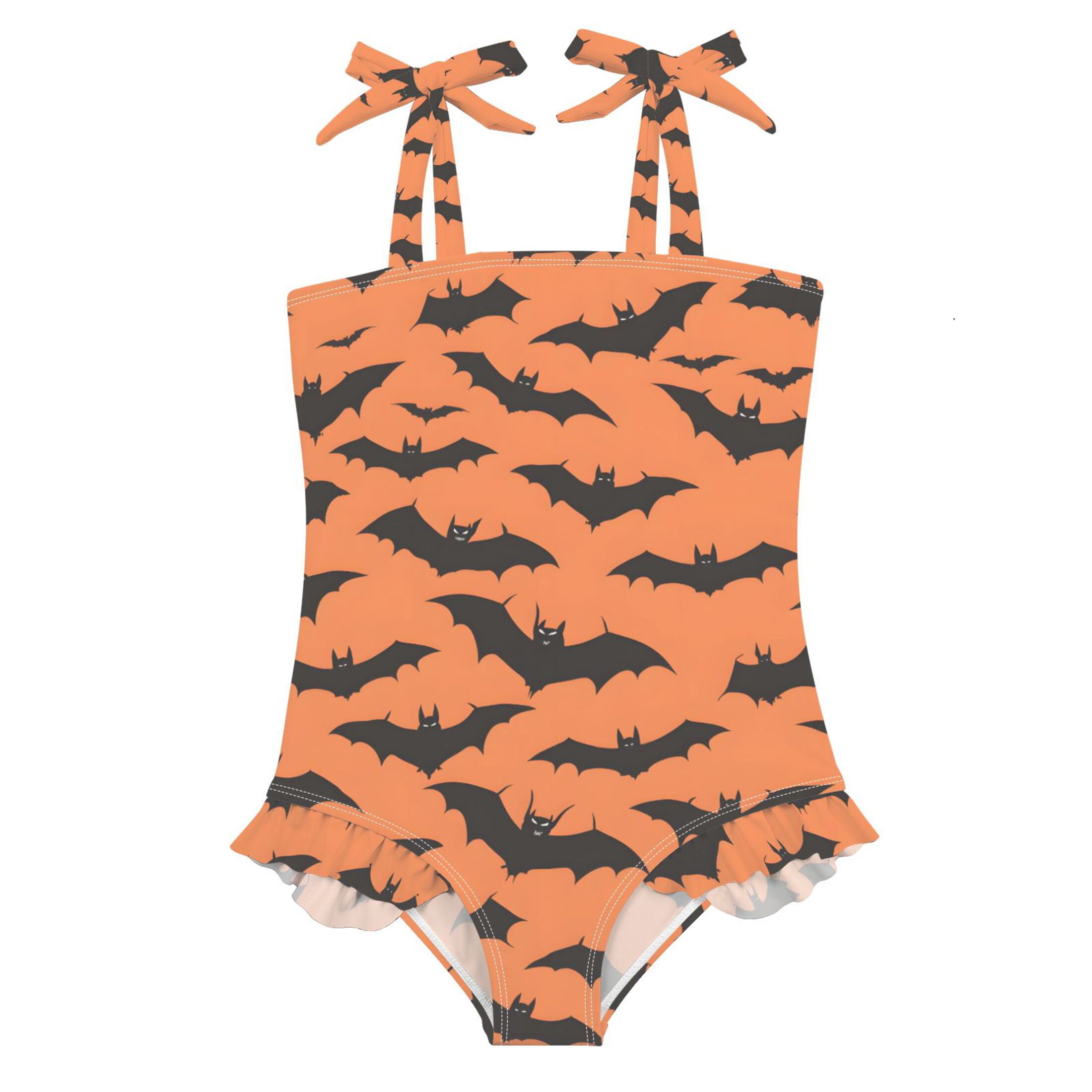 Bats Pattern Girls' One-Piece Swimsuit Bowknot Tie Shoulder Ruffled ...