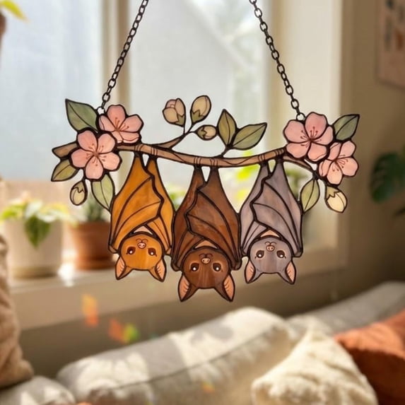 Bats Peach Blossom Acrylic Suncatcher Window Hanging Bat Lover Gift ...
