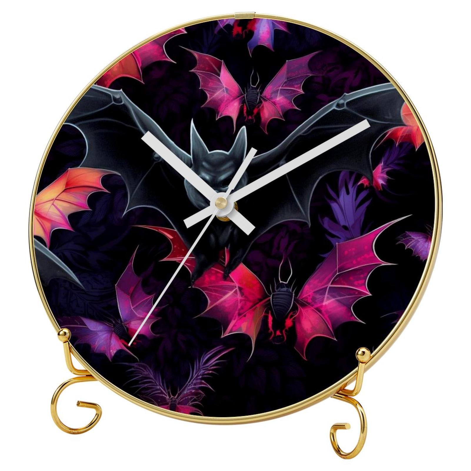 Bats Round Printed Wall Clocks with Hooks and Gold Stand, Silent Non ...