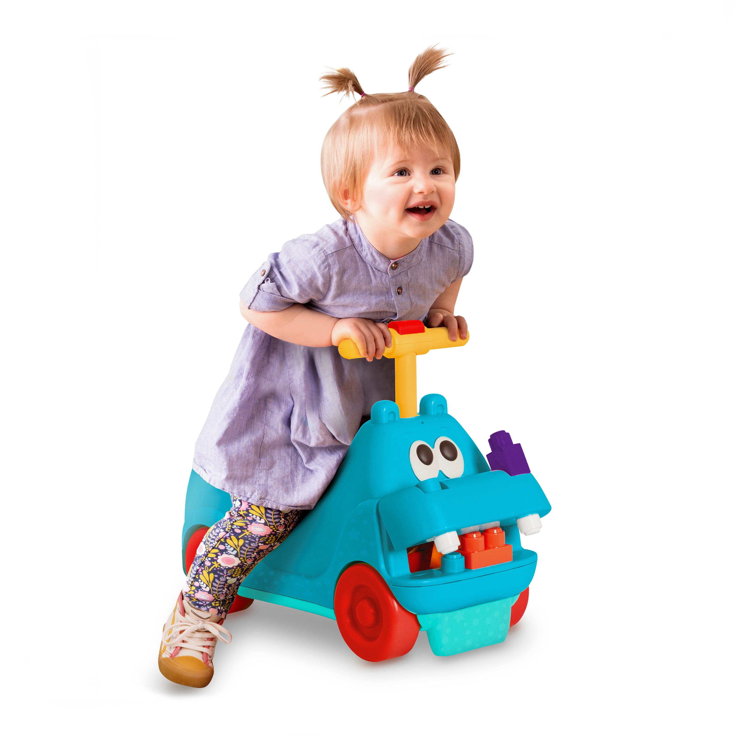 Battat Blue Ride-On Hippo with 26 Building Blocks and Storage, Ride-On ...