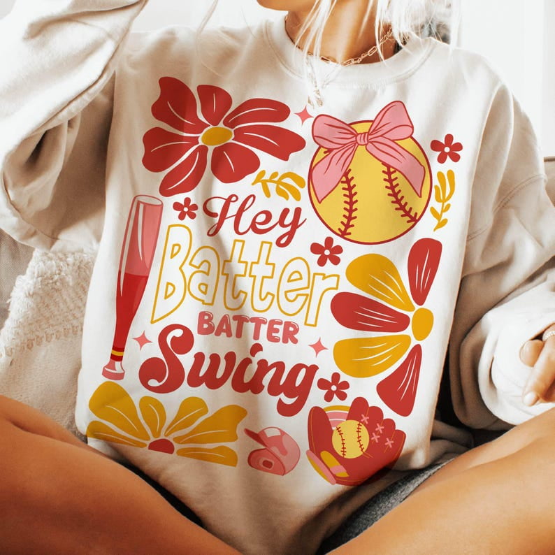 Batter Batter Swing Sweatshirt, Retro Softball Crewneck, Boho Checkered ...