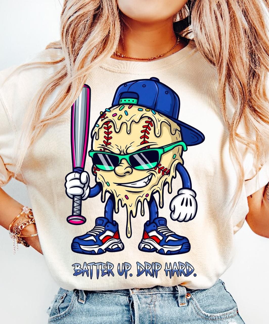 Batter Up Drip Hard Tee, Melting Baseball Mascot with Sunglasses ...