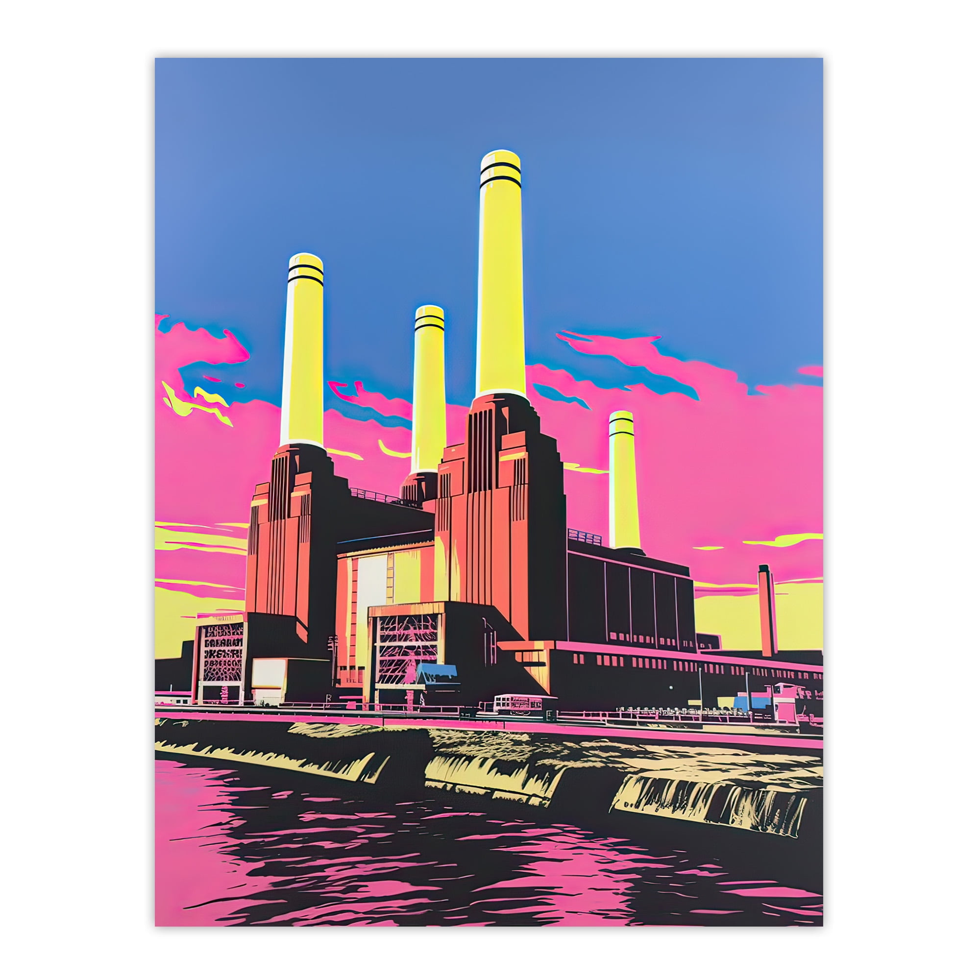 Battersea Power Station Pop Art Artwork Vibrant Pink Yellow Blue River Thames London Landmark ...