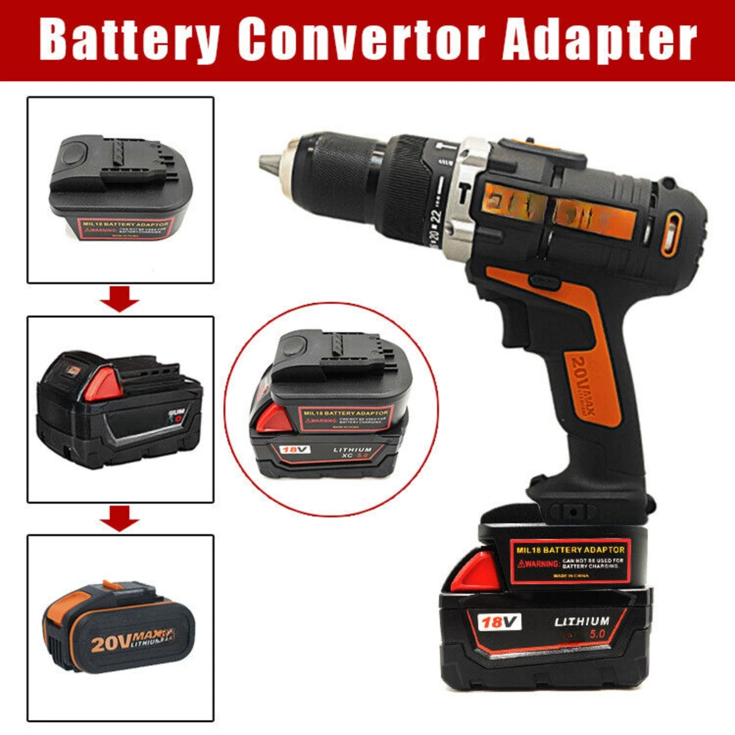 Battery Adapter for Milwaukee 18V Li-ion Battery Convert to For Worx ...
