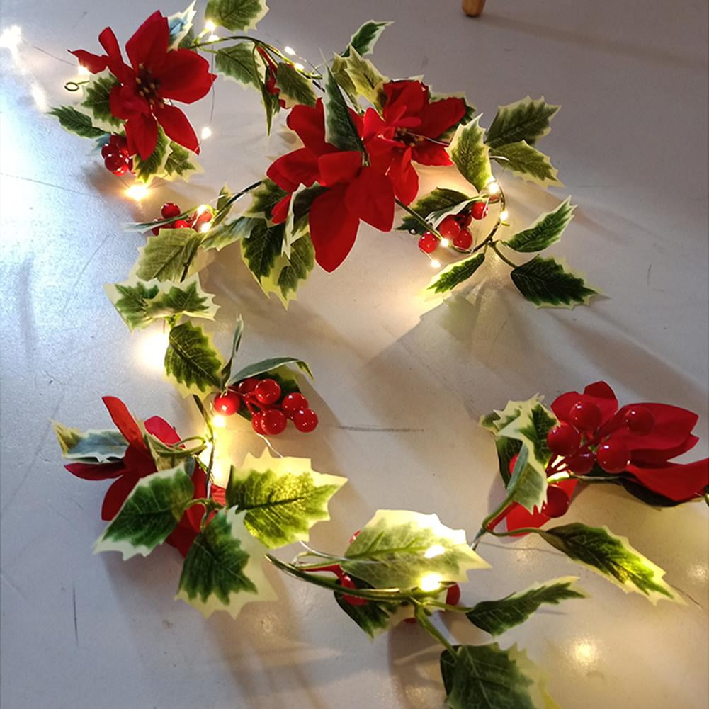 Battery Artificial Poinsettia Garland 30 LED Decorative String Lights ...