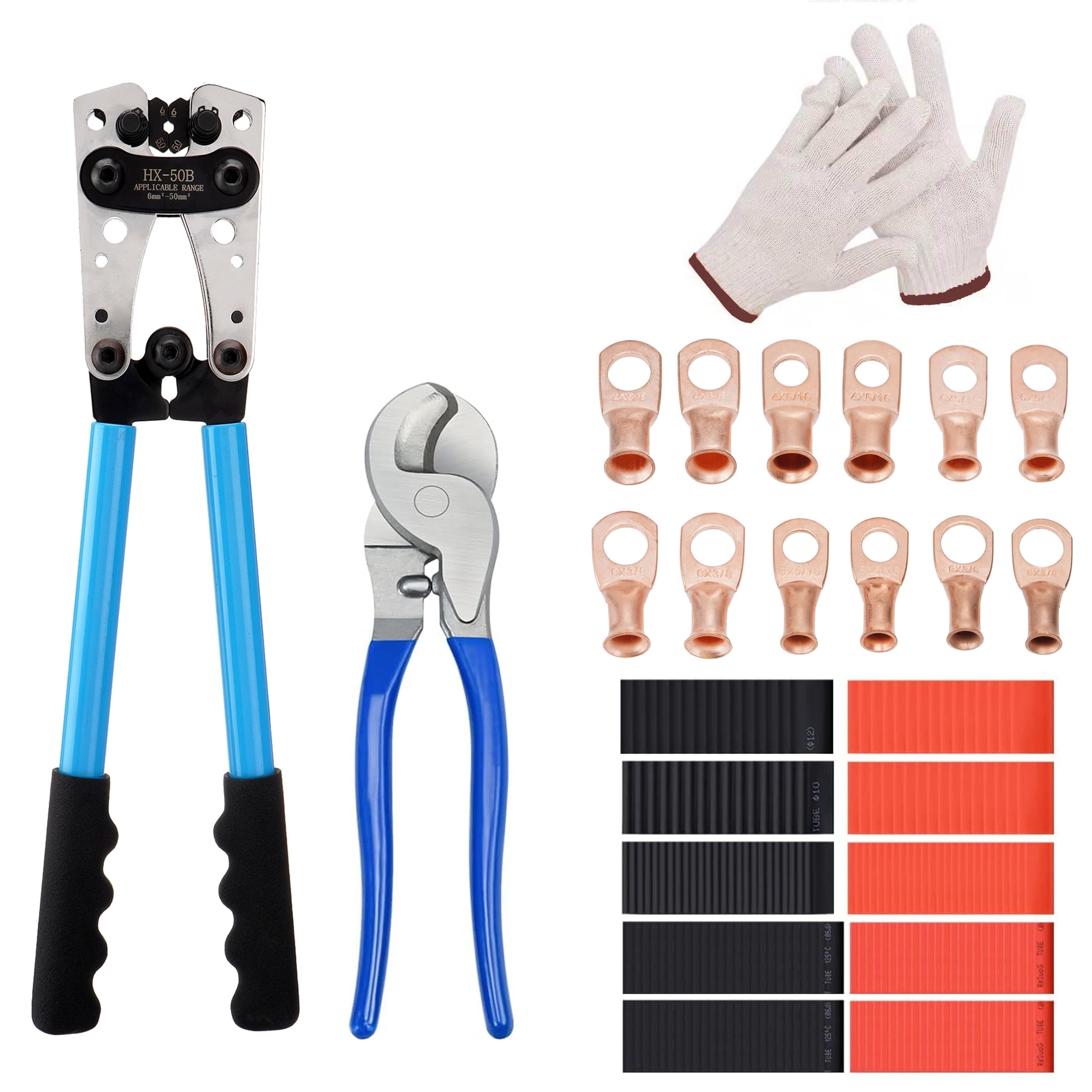 Battery Cable Lug Crimping Tool Kit with Cable Cutter Ring Terminals Heat Shrink Tubing, Wire ...