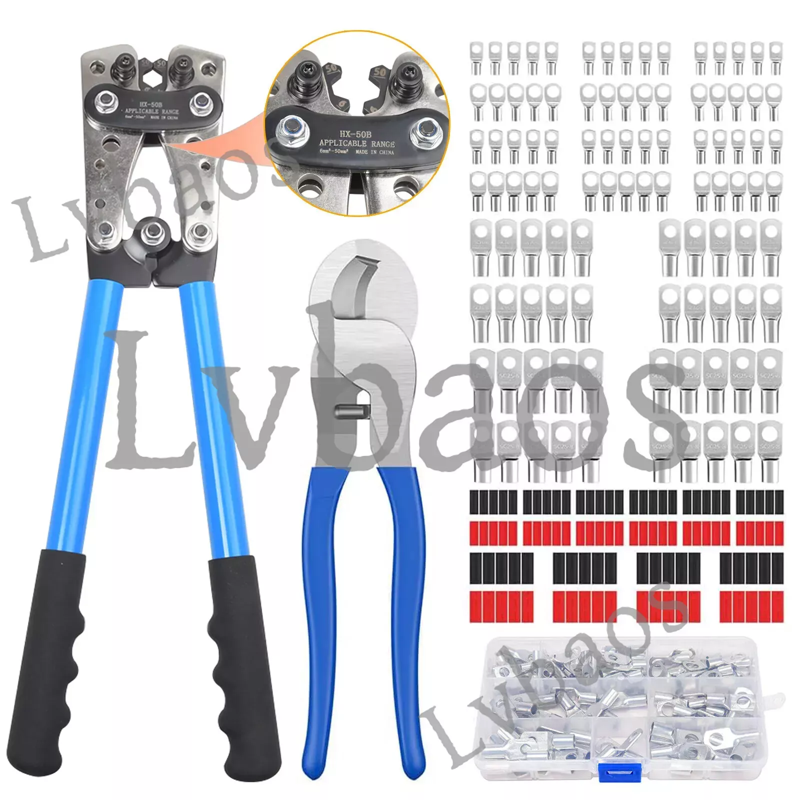 Battery Cable Lug Crimping Tool Wire Crimper 10-0AWG + Wire cutter+100 ...