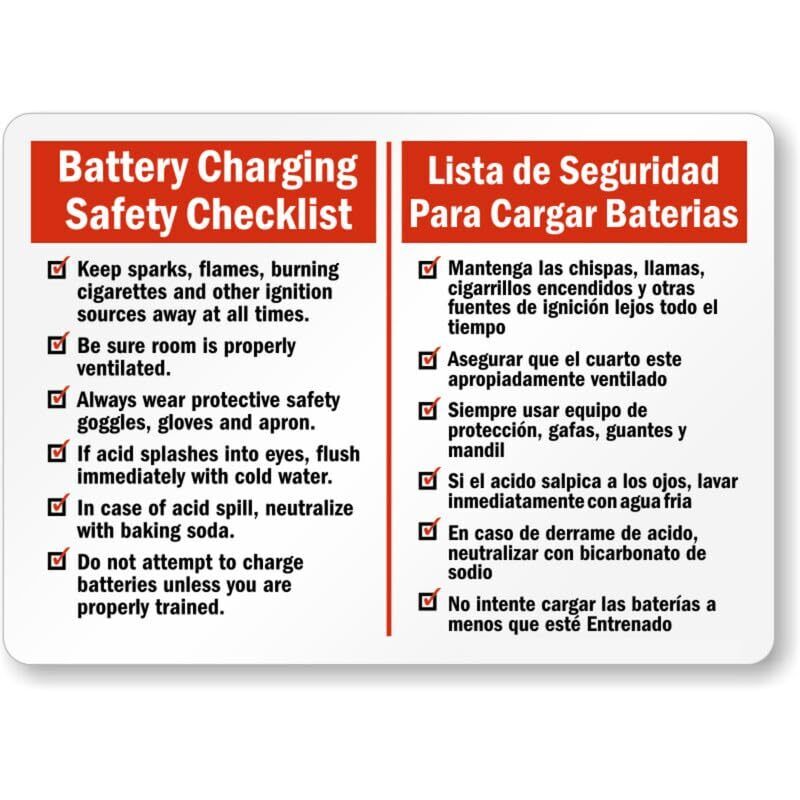 Battery Charging Checklist Bilingual Weatherproof Metal Sign Size: 12 ...