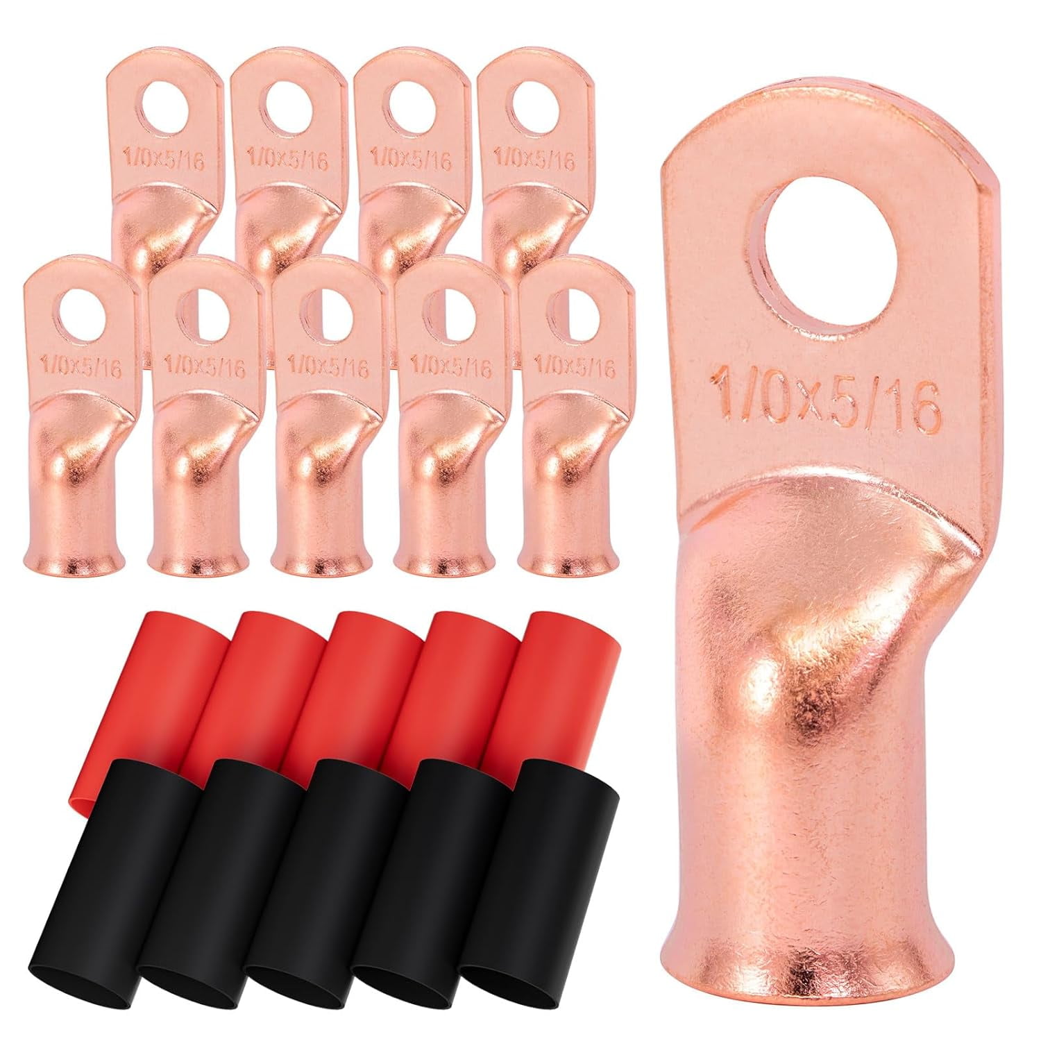 Battery Copper Lugs, 10pcs 1/0AWG - 5/16"(M8) Wire Lugs Ring Terminal ...