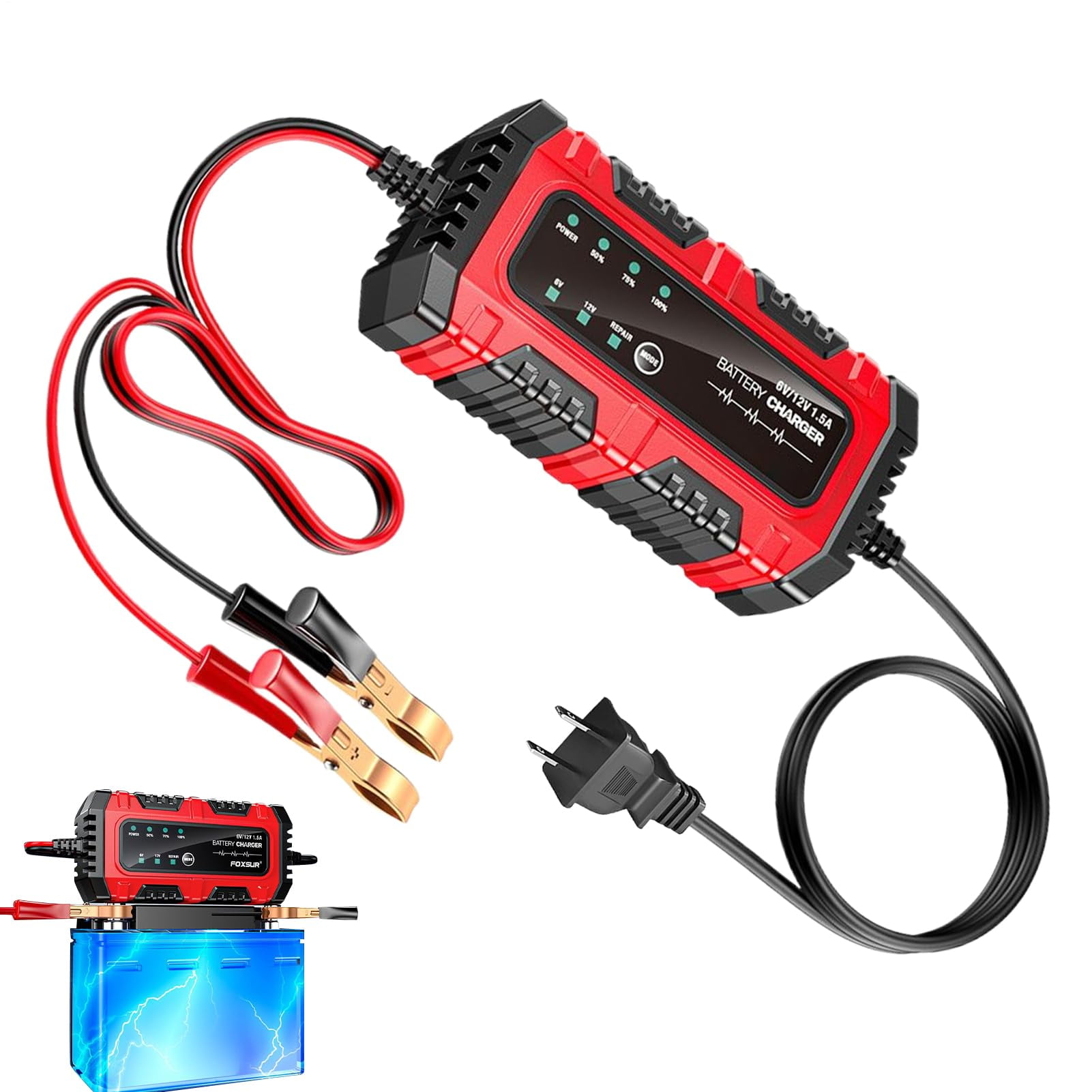 Battery Maintainer Charger,1.5A 6V/12V Auto Trickle Battery Charger ...