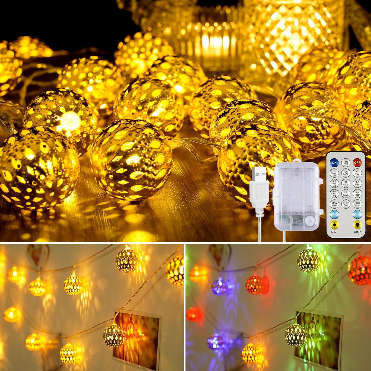 Battery Operated Boho String Lights, 13FT 20 LEDs Big Golden Metal ...