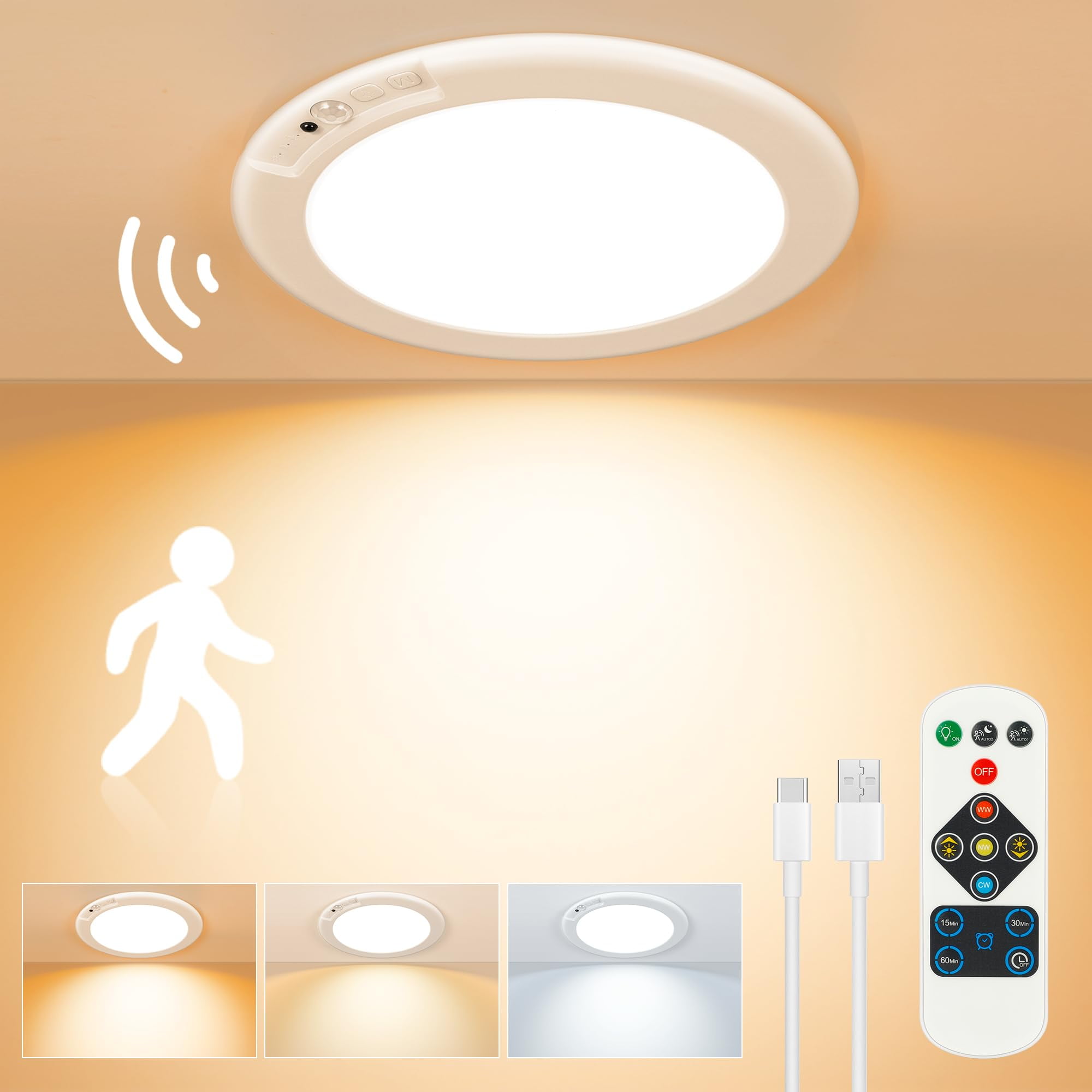 Battery Operated Ceiling Light No Wiring, Motion Activated Rechargeable ...