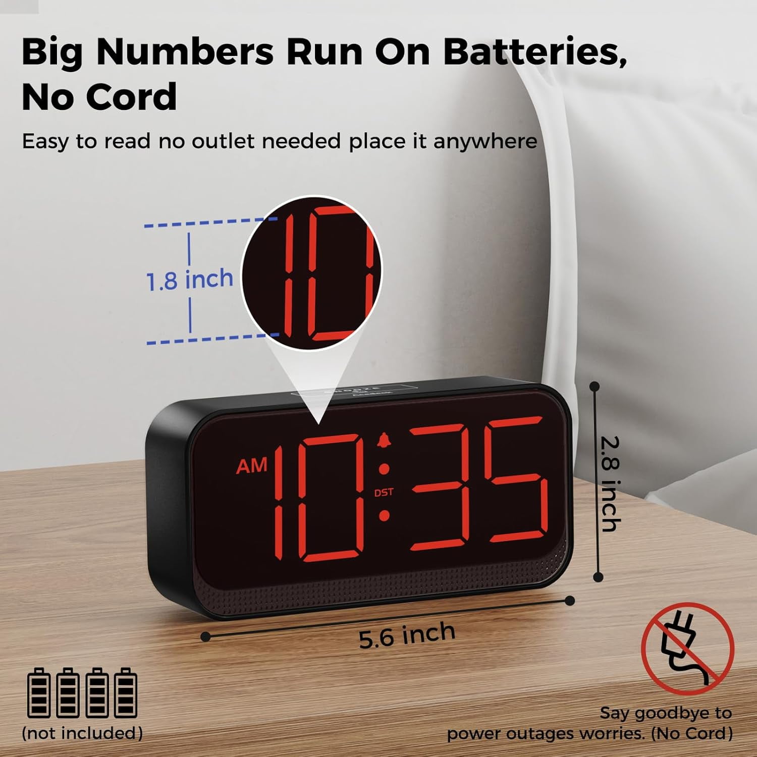 Battery Operated Digital Clock: Cordless Small Alarm Clock for Bedroom ...