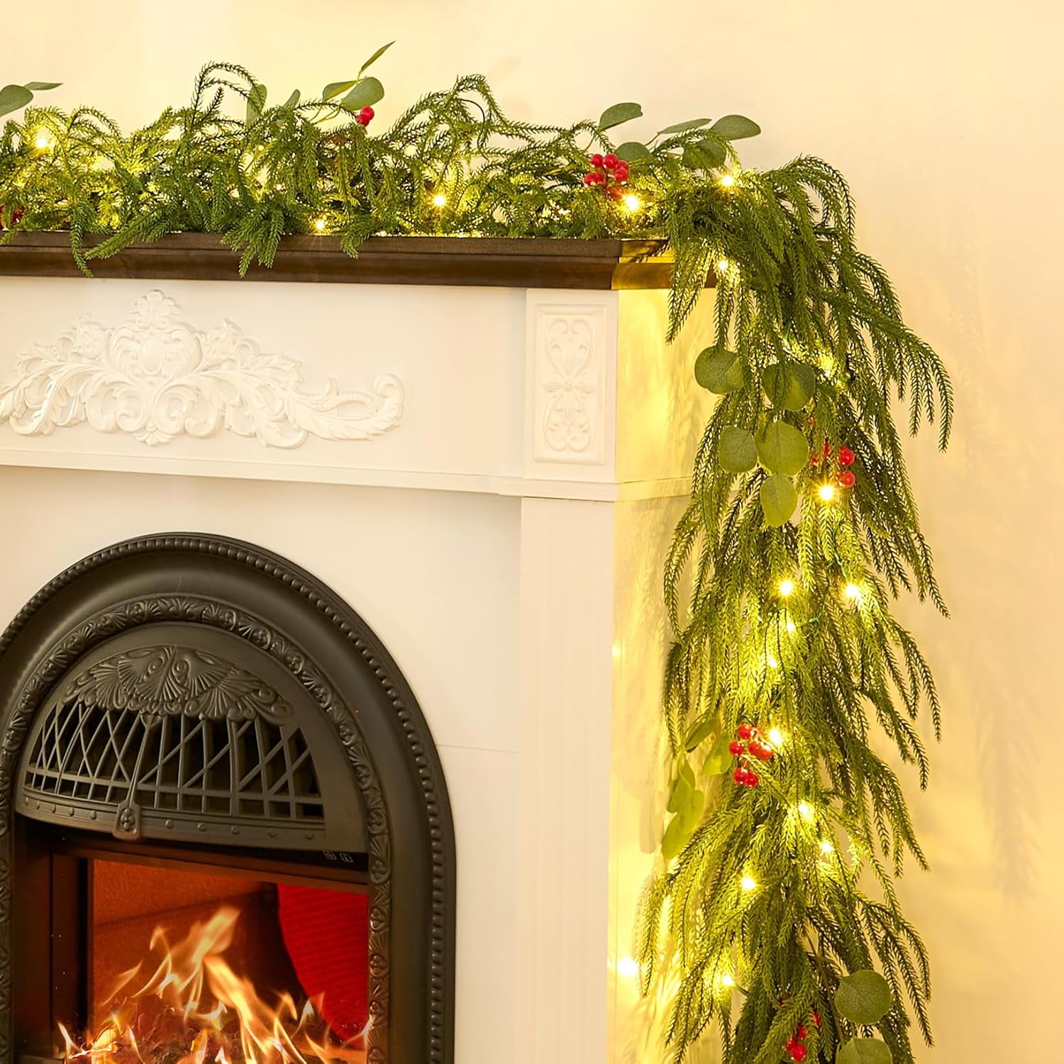 Battery Operated Garland featuring Red Berries & Eucalyptus Leaves ...