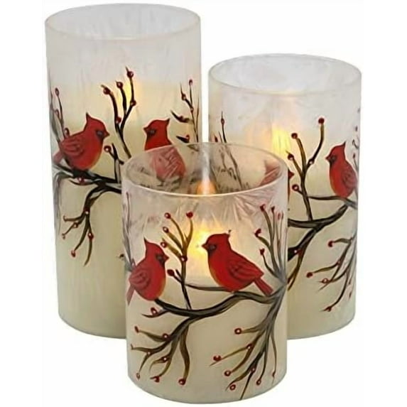 Battery Operated LED Red Cardinals Hurricane Candles - Set of 3$$Home ...