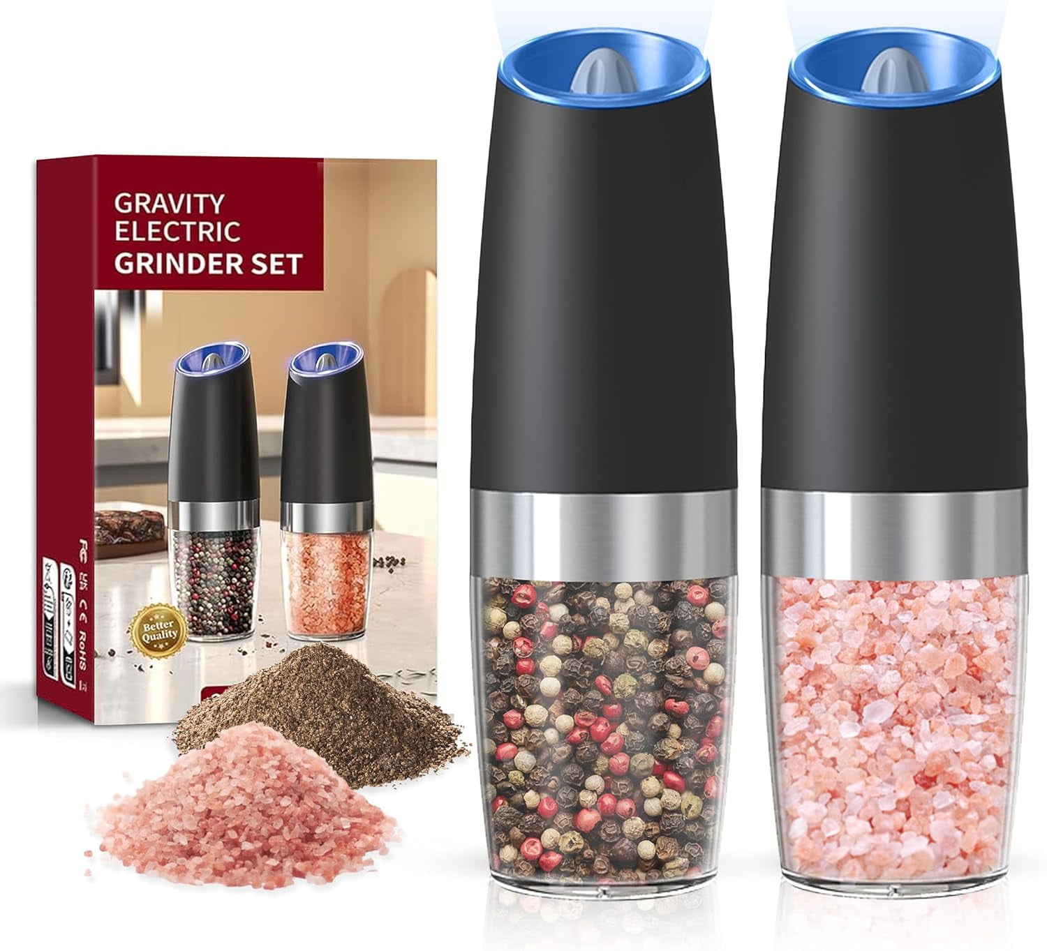 Battery Operated Salt And Pepper Grinder Set with LED Light, Automatic ...