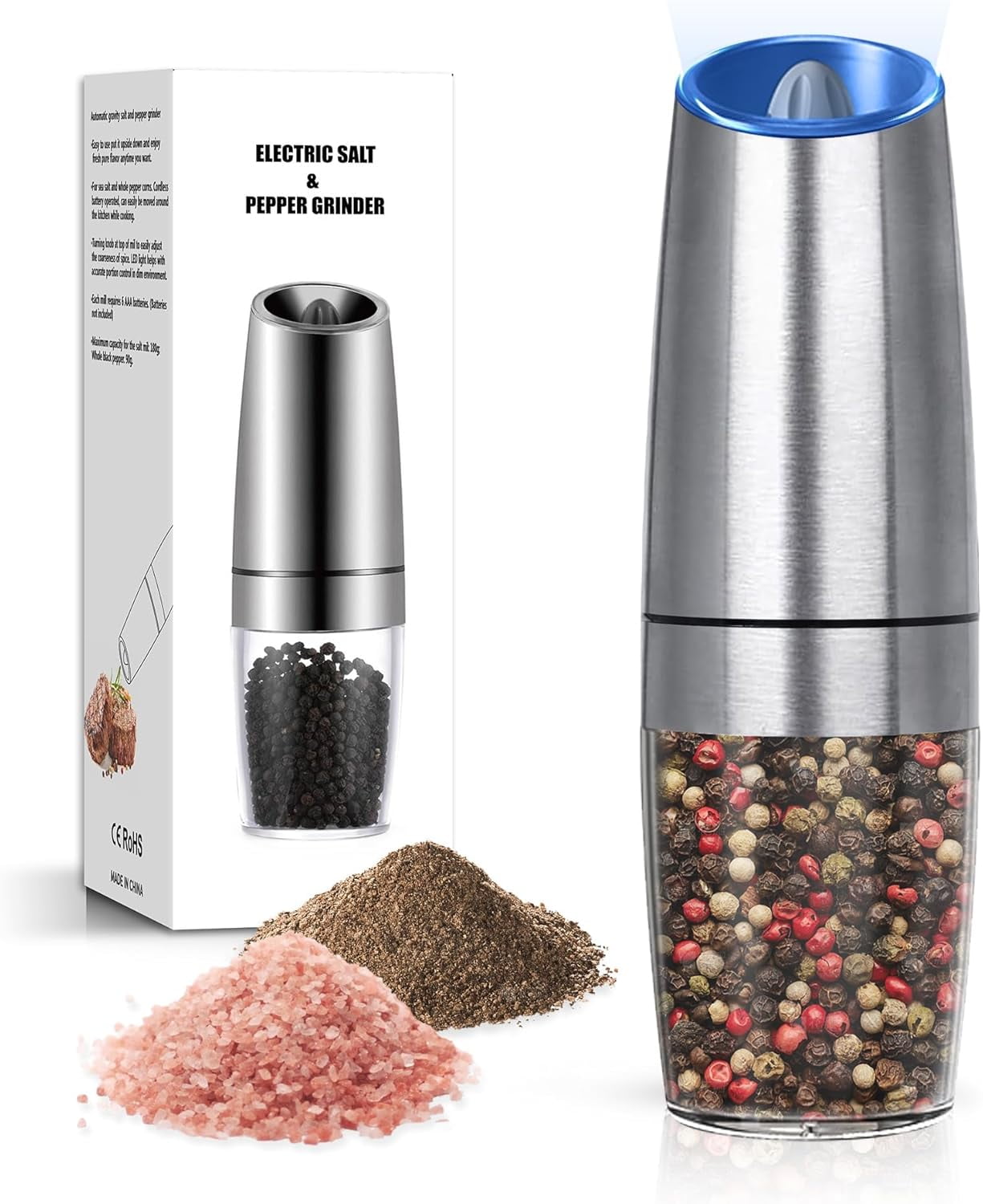 Battery Operated Salt And Pepper Grinder Set with LED Light, Automatic ...