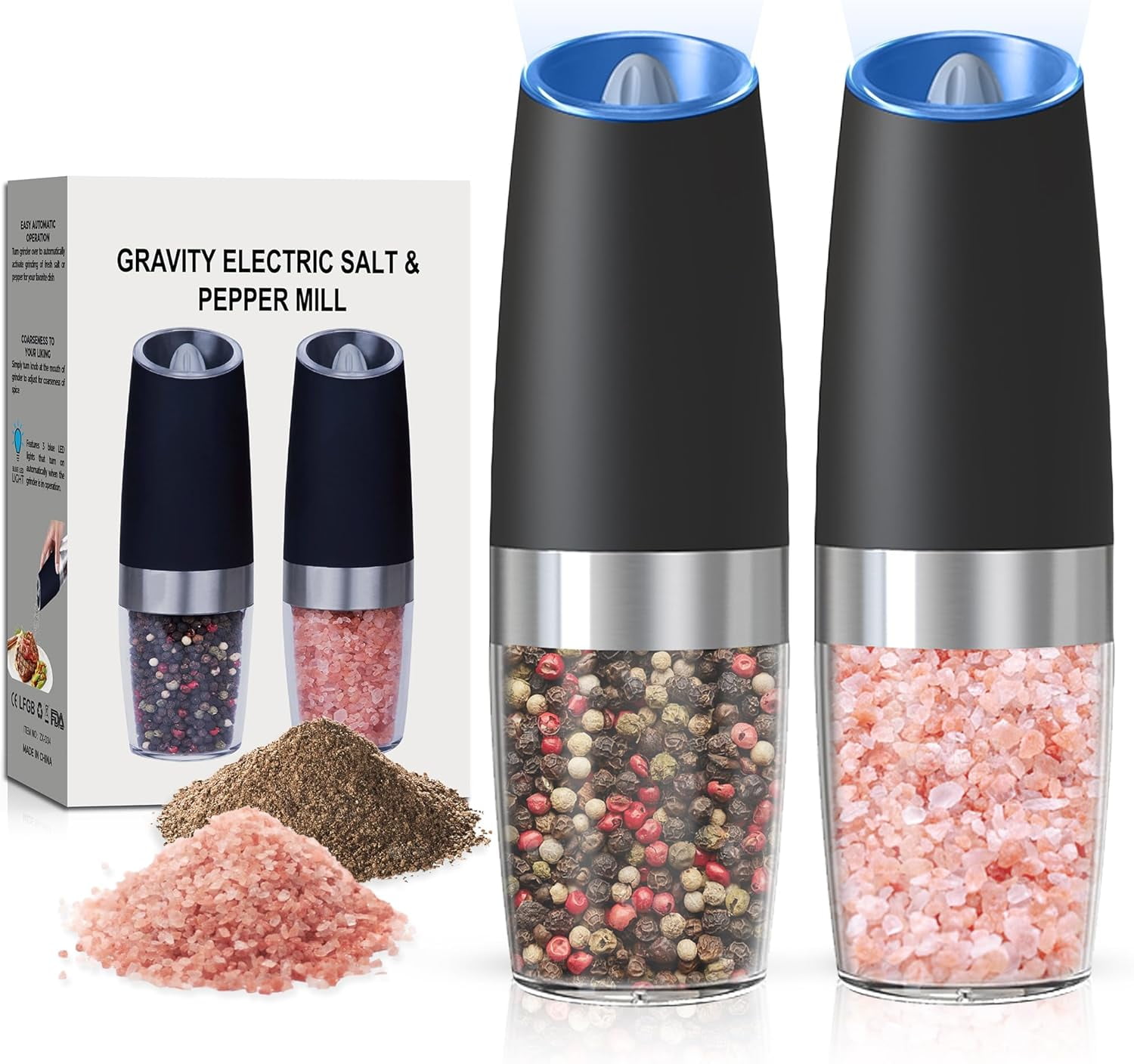Battery Operated Salt And Pepper Grinder Set with LED Light, Automatic ...