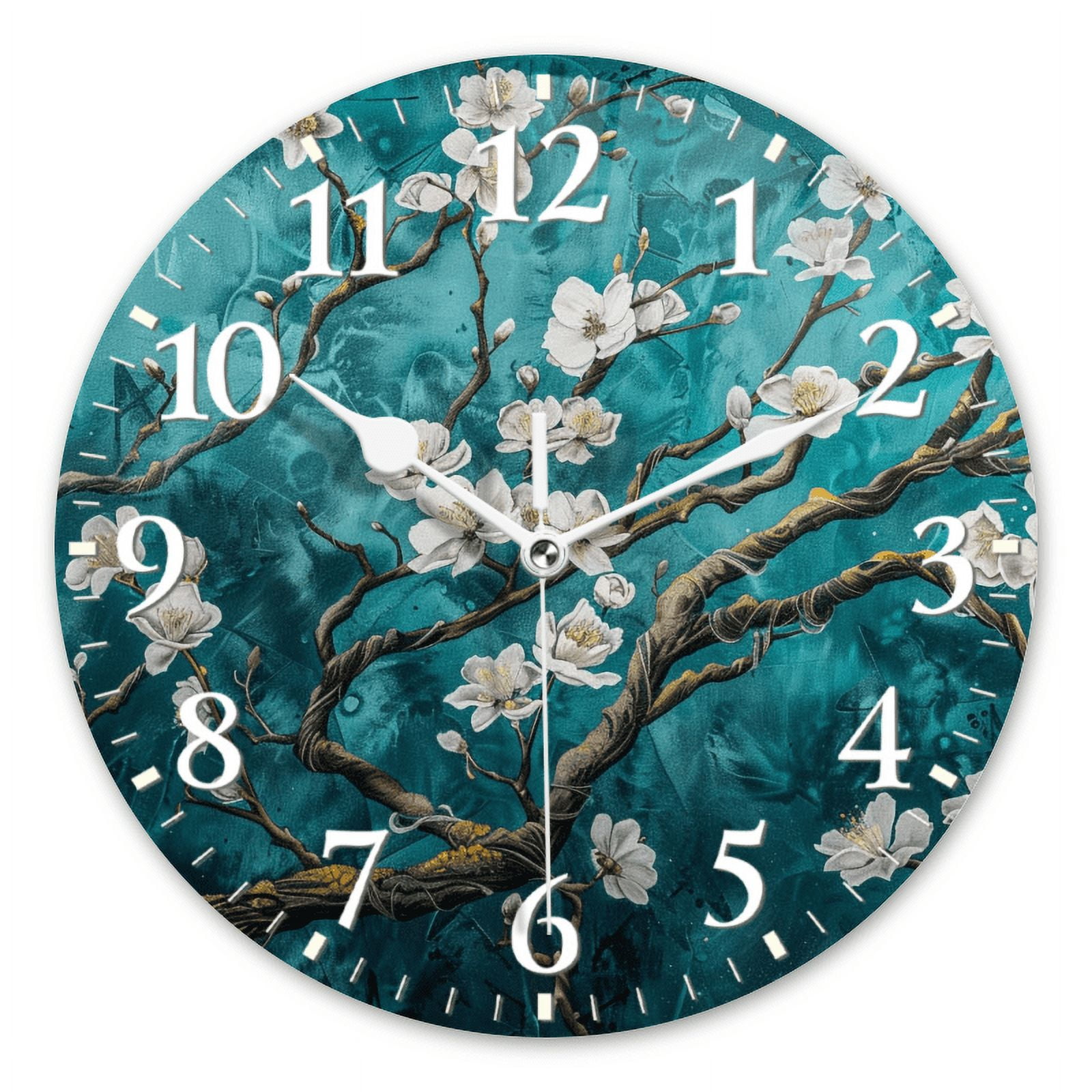 Round Wall Clock,Alabaster White Magnolia Tree Branch On Teal ...